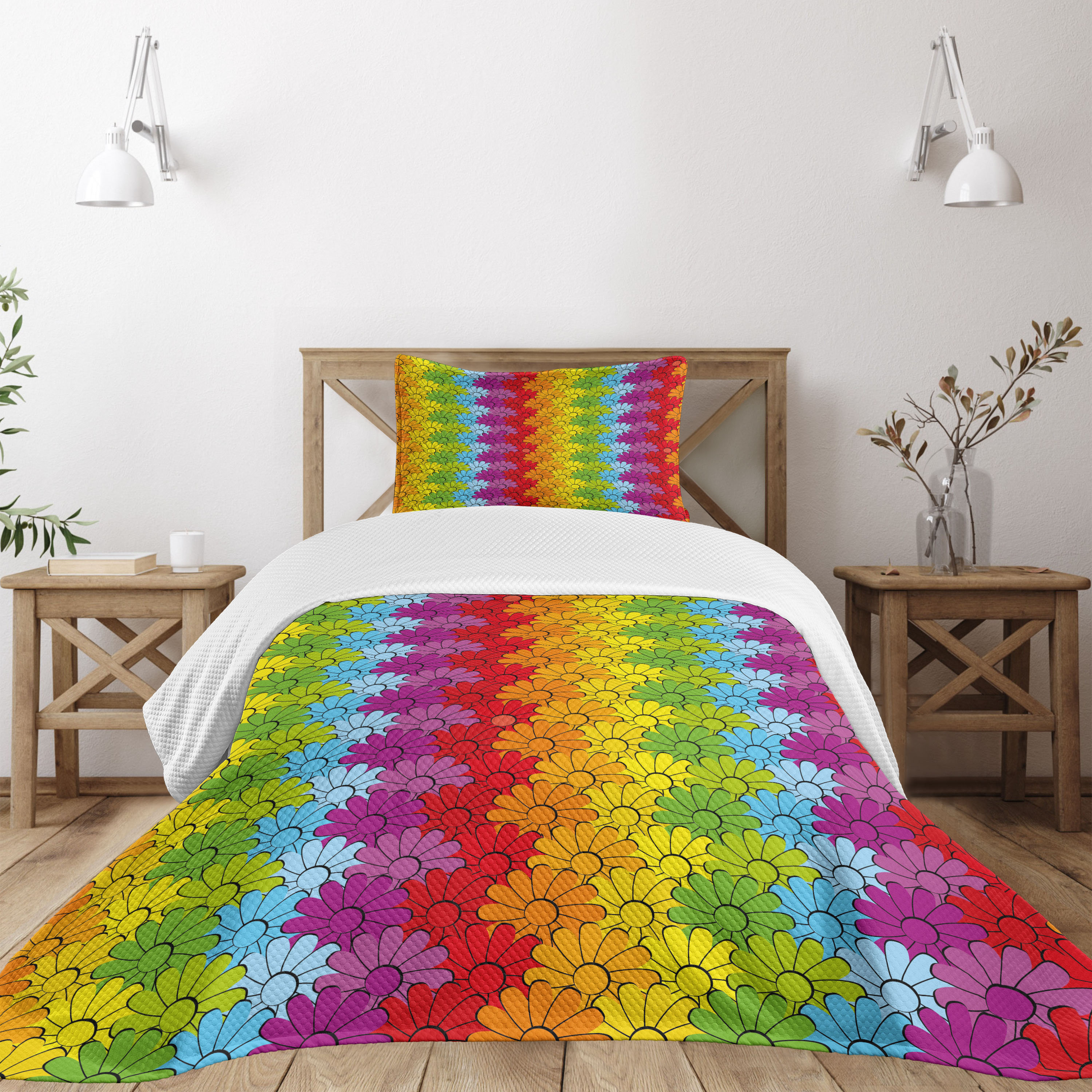 Ambesonne Floral Bedspread Set Rainbow Colored Flowers Multicolor | Wayfair