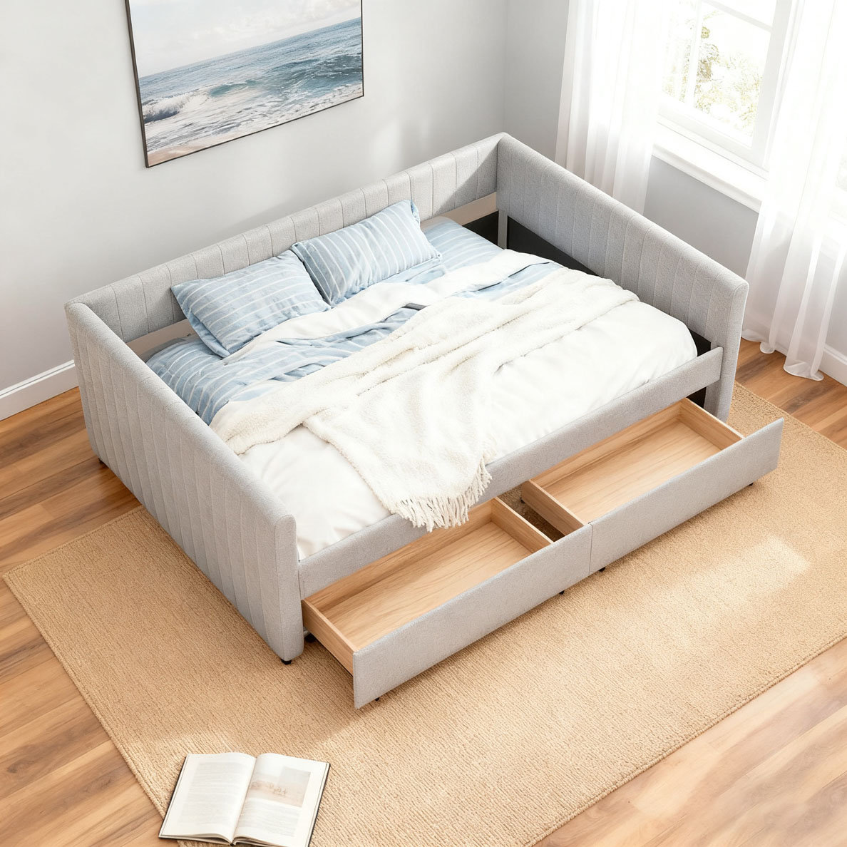 Latitude Run® Daybed with Two Drawers,with Vertical Stripes, Linen ...