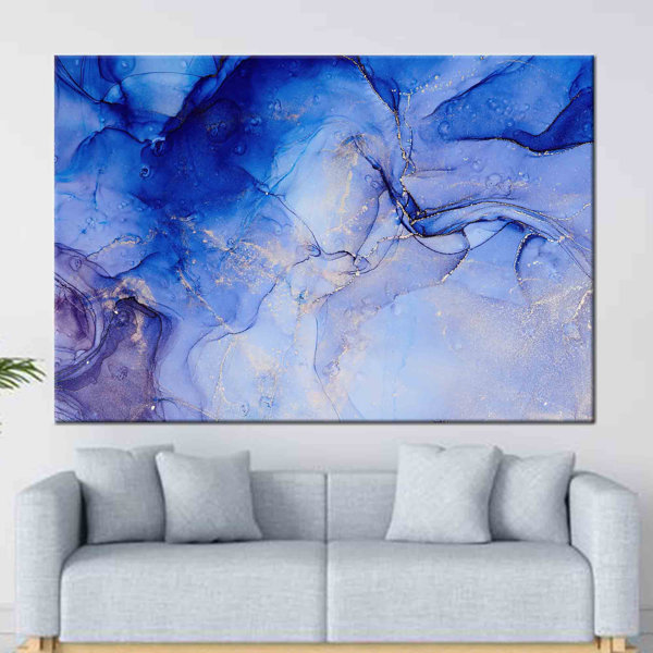 Ivy Bronx Stylish Silver Alcohol Ink Design On Blue Marble Wall Art For ...