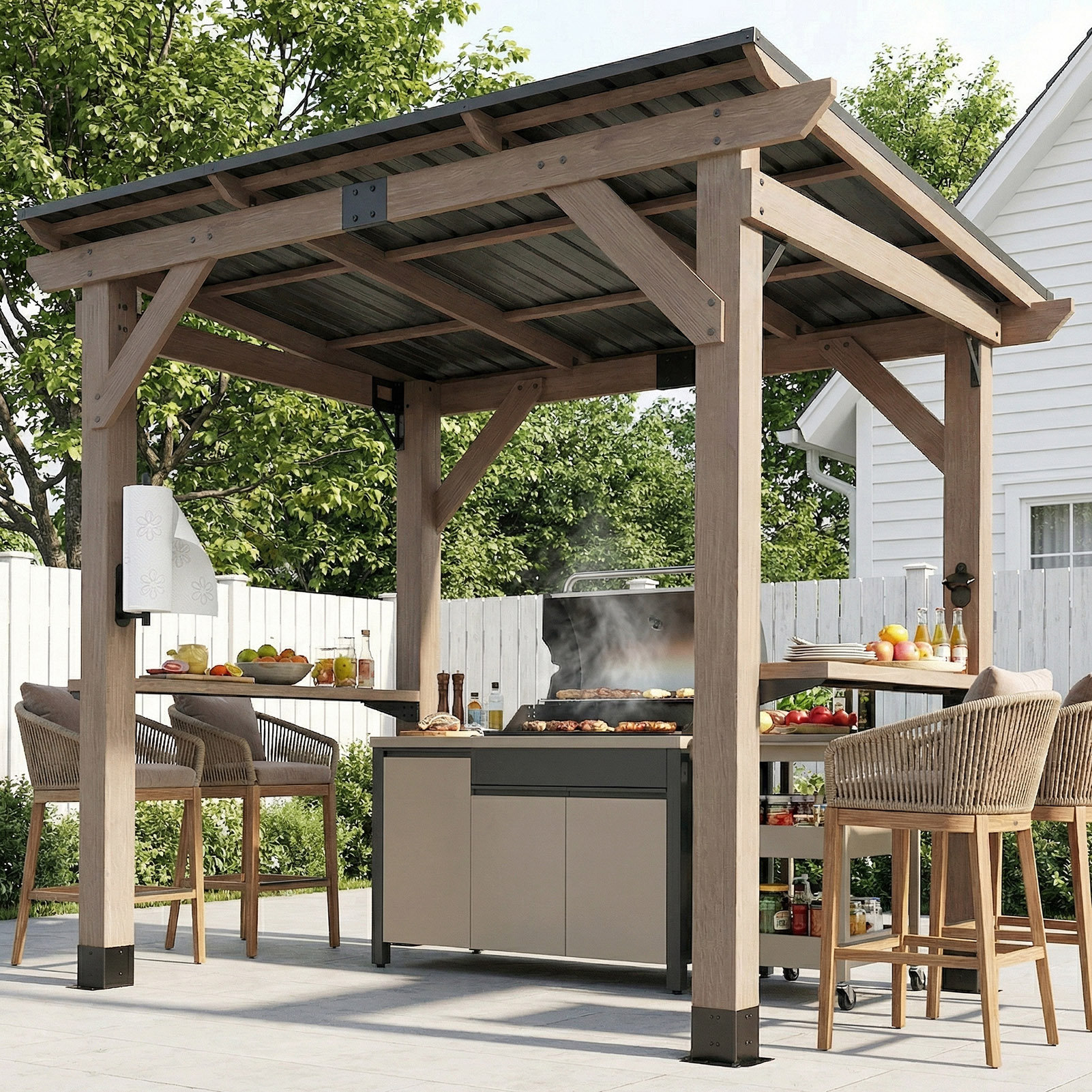 StarEcho cedar Wood Grill Gazebo with Bar Counter, Patio Hardtop Grill ...
