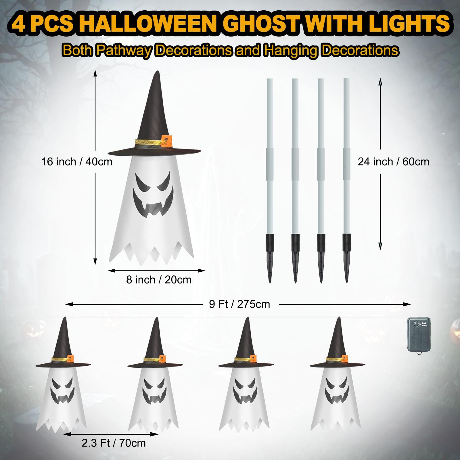 The Holiday Aisle® 4 Pcs Ghosts with Witch Hats Decorations,Halloween ...