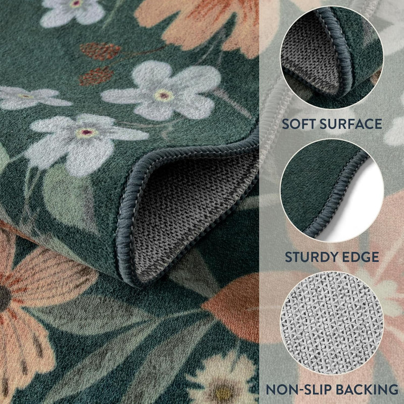 Lark Manor™ Dark Green Floral Kitchen Non-Slip,Soft Low-Pile Carpet ...