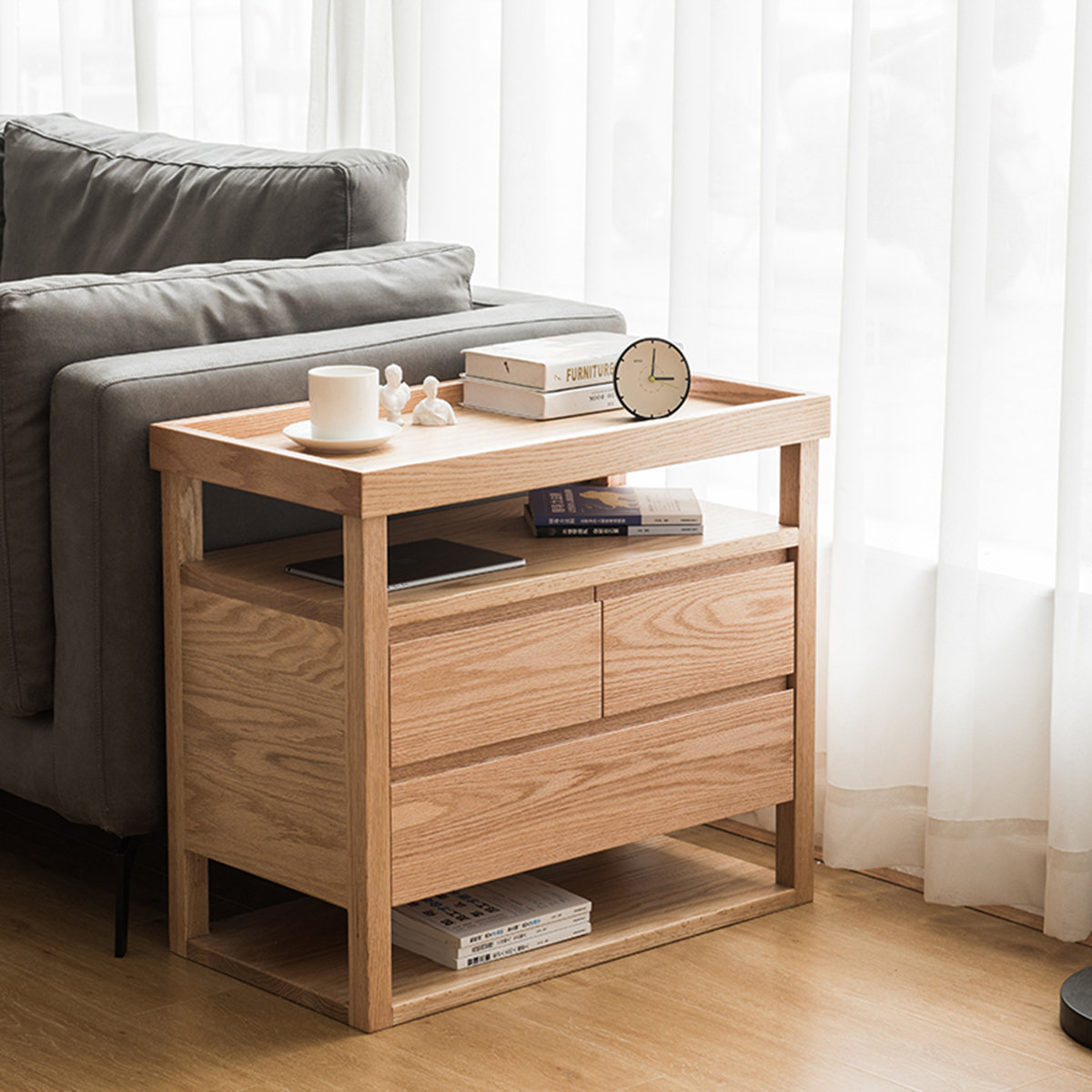 SINNOG Modern Minimalist Natural - Coloured Red Oak Sofa Side Table ...