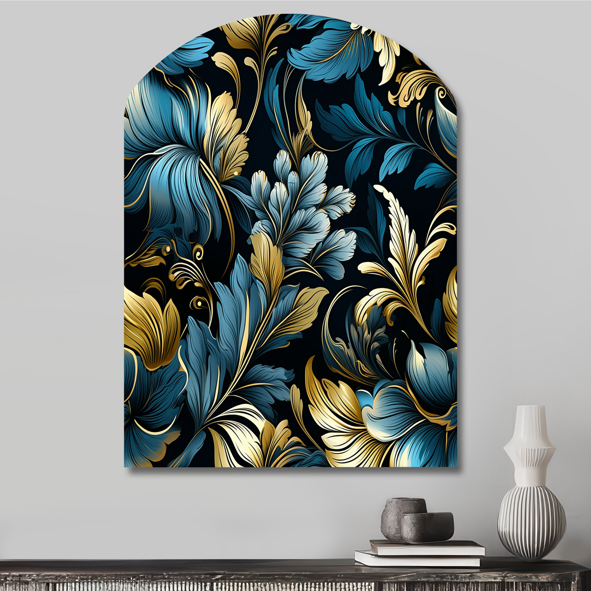 Design Art Gold And Blue Luxury Damask Serenade I - Arch damask Metal ...