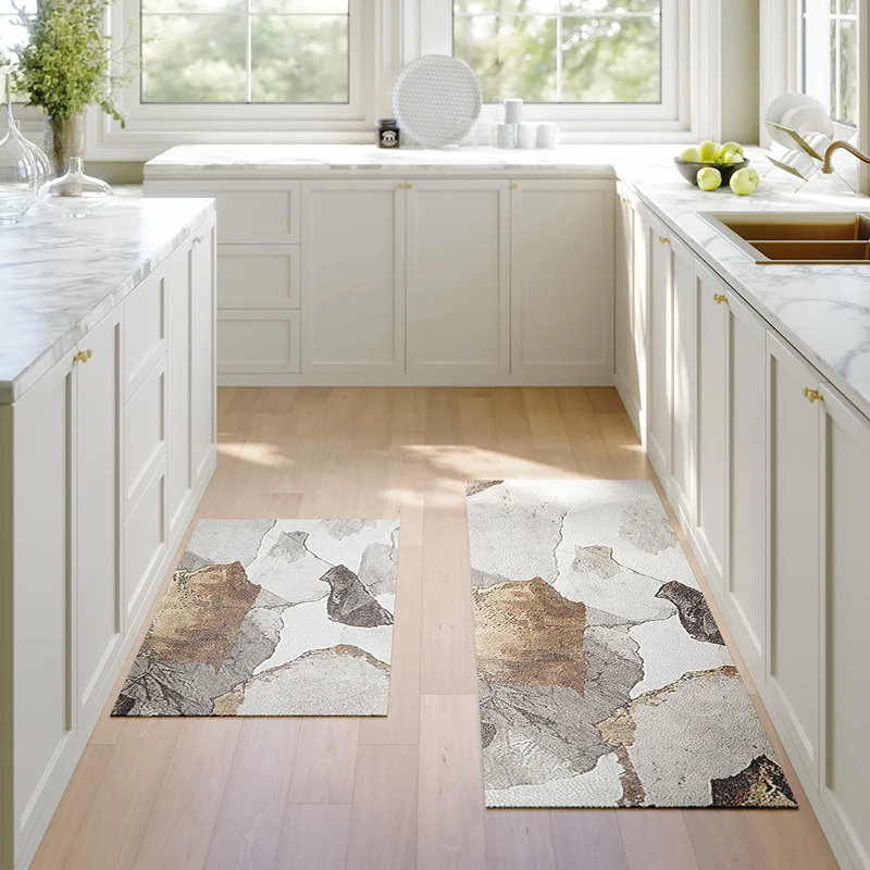 Mercer41 2 Pieces Modern Gold Kitchen Runner Mats Non-slip Abstract ...