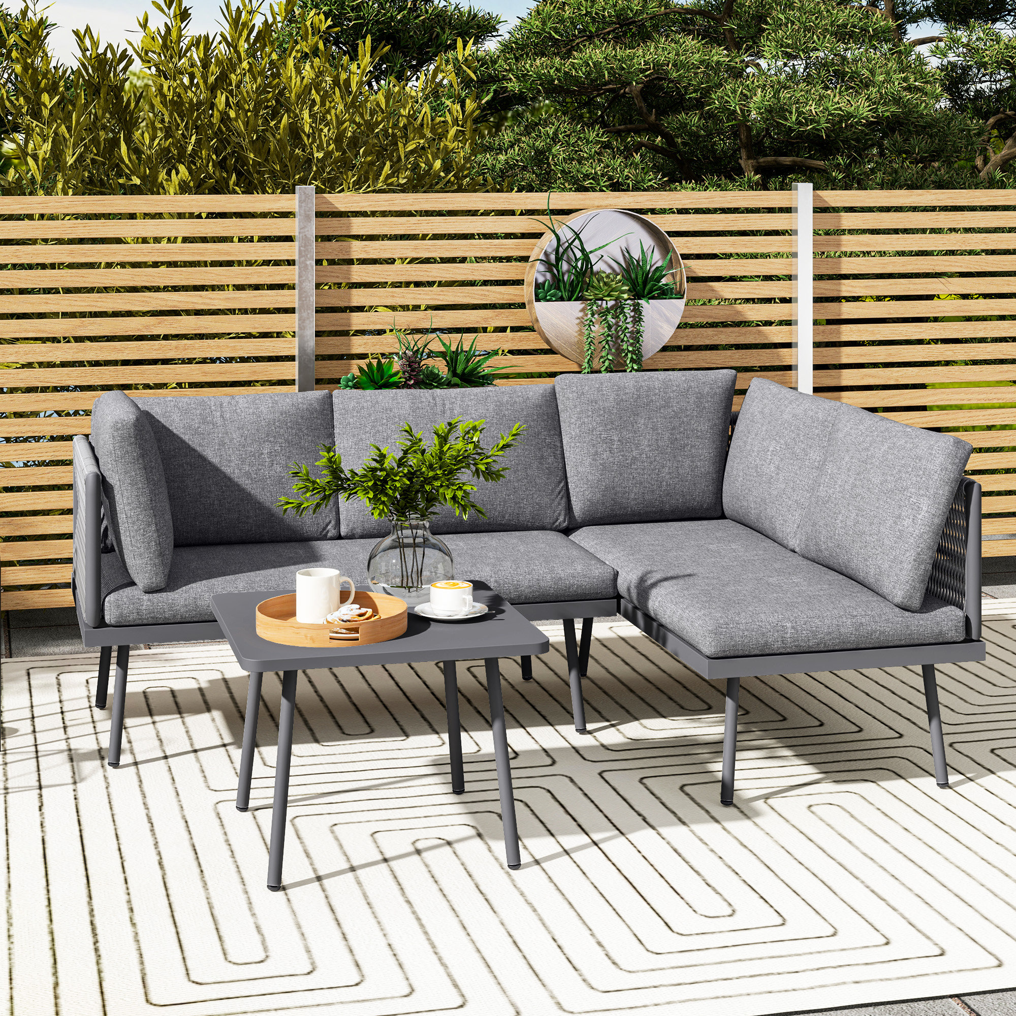 Latitude Run® 3 Pieces Wicker Patio Furniture Sofa Set with Steel Table ...