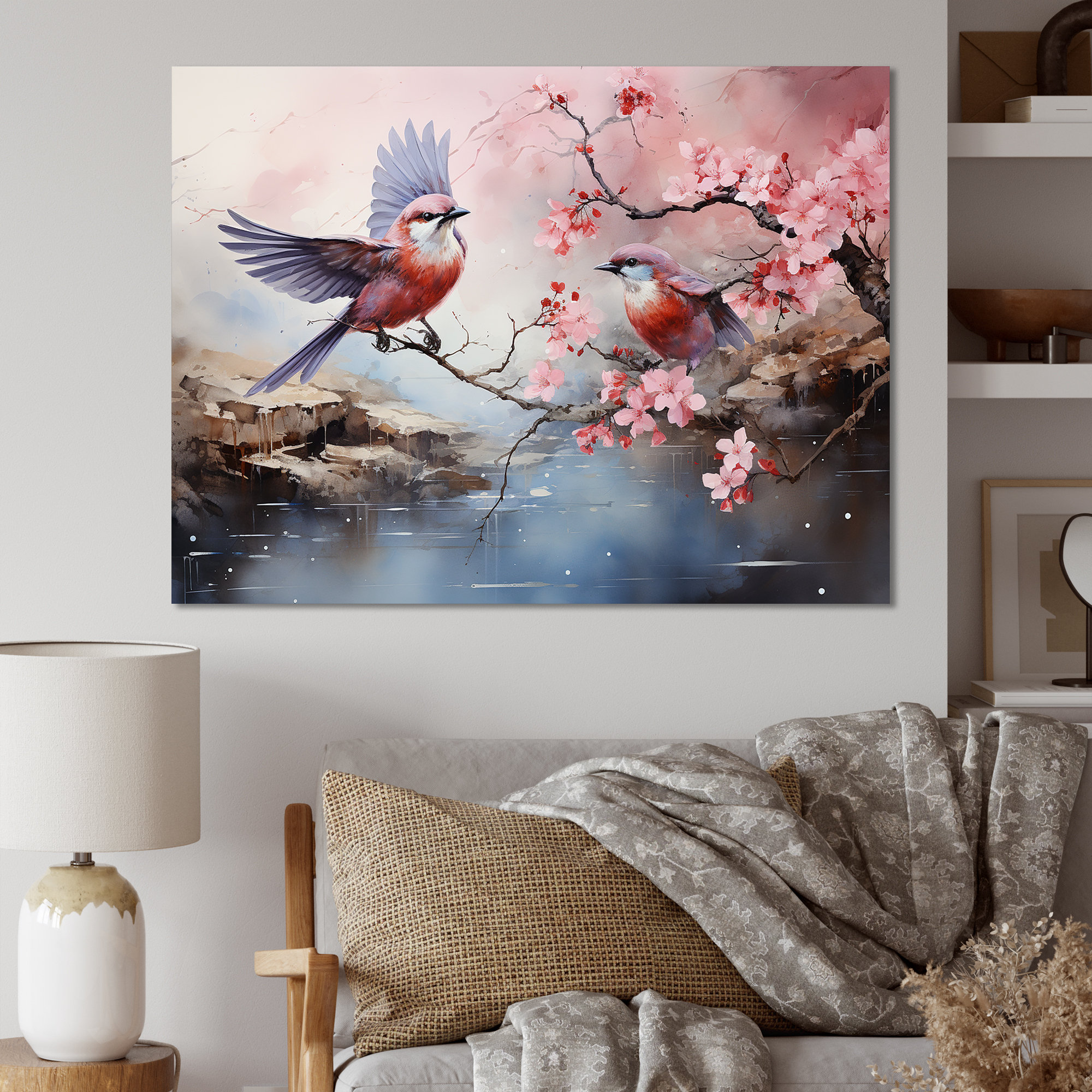 Red Barrel Studio® Japan Blossoming Cherry Bird Flight II - Bird Wall Art | Wayfair