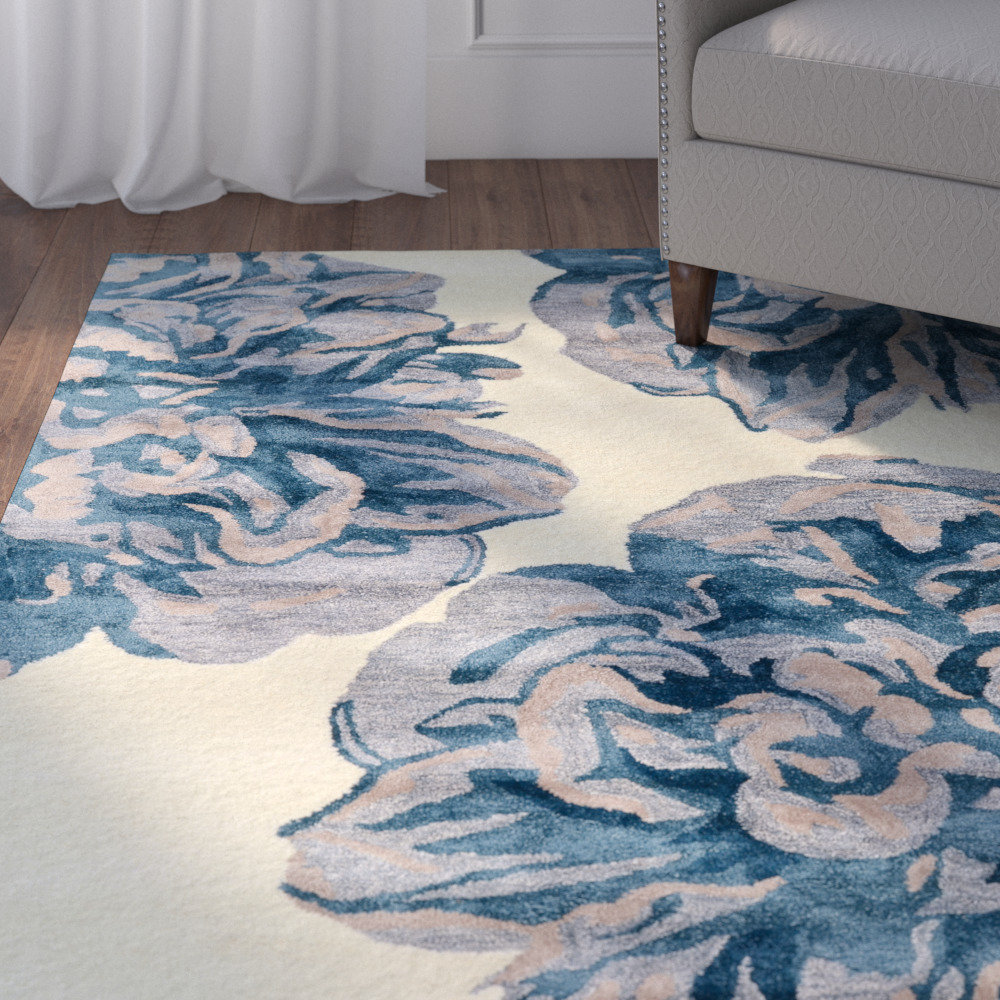 Winston Porter Bryana Floral Handmade Tufted Wool Ivory/Blue Area Rug ...