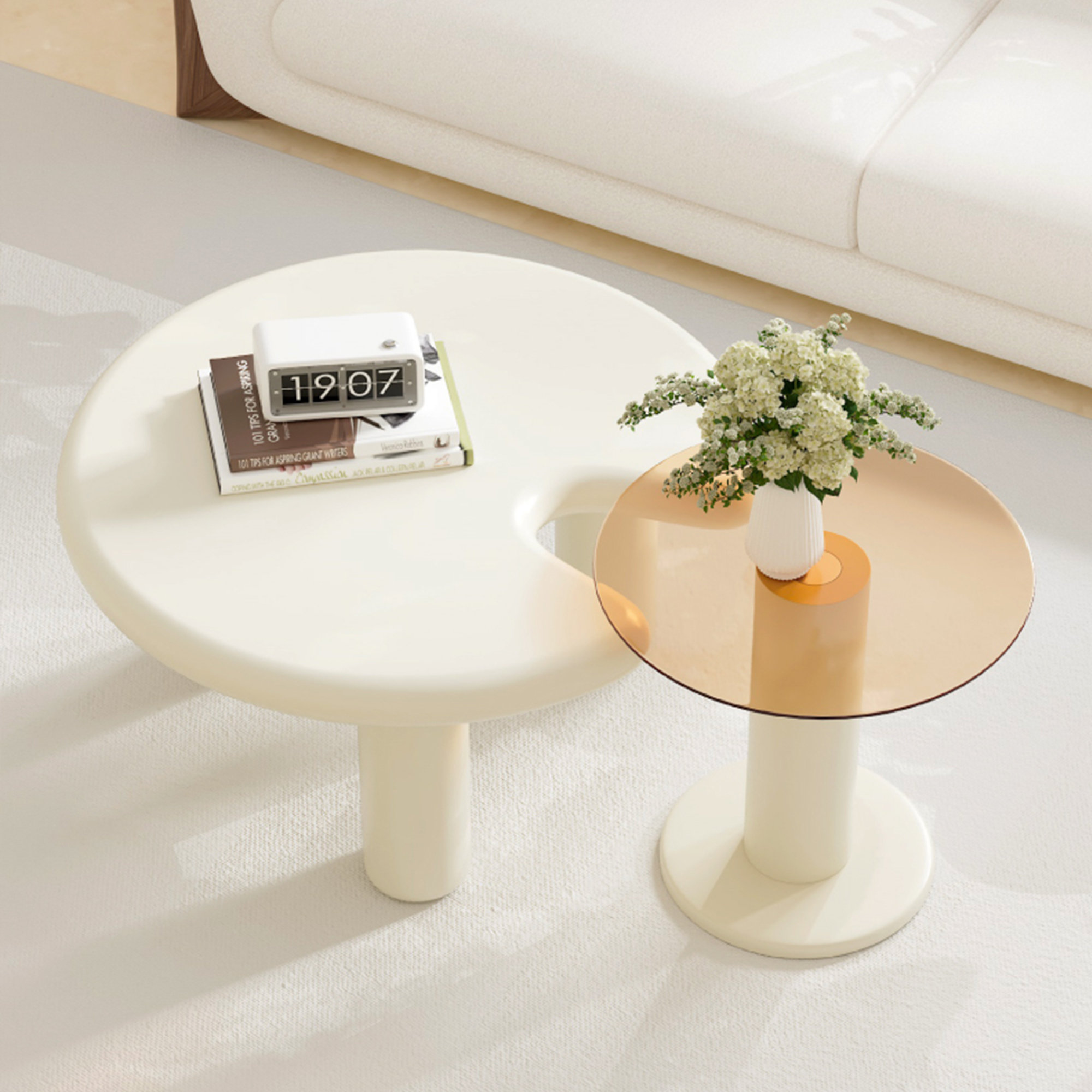 Orren Ellis Circular Beige Cream Coffee Table Set, Modern Design, Easy ...
