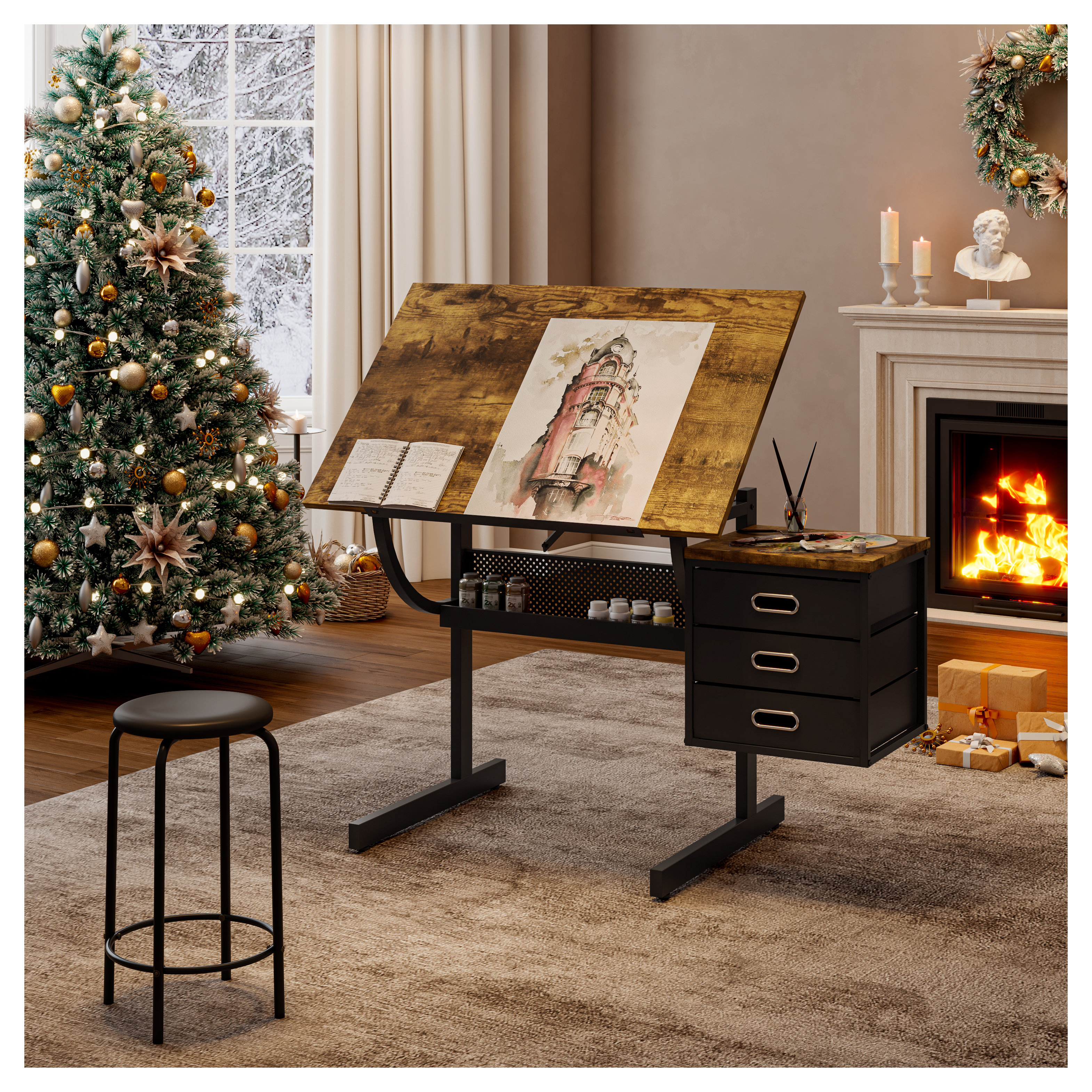 godohome Black Adjustable Drafting Drawing Table with Stool and 3 ...