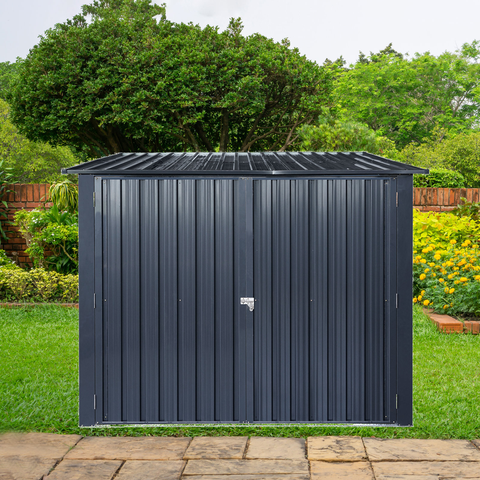 HOA.WWC Metal Outdoor Storage Shed For Bicycle With 4 Bike Tracks Black ...