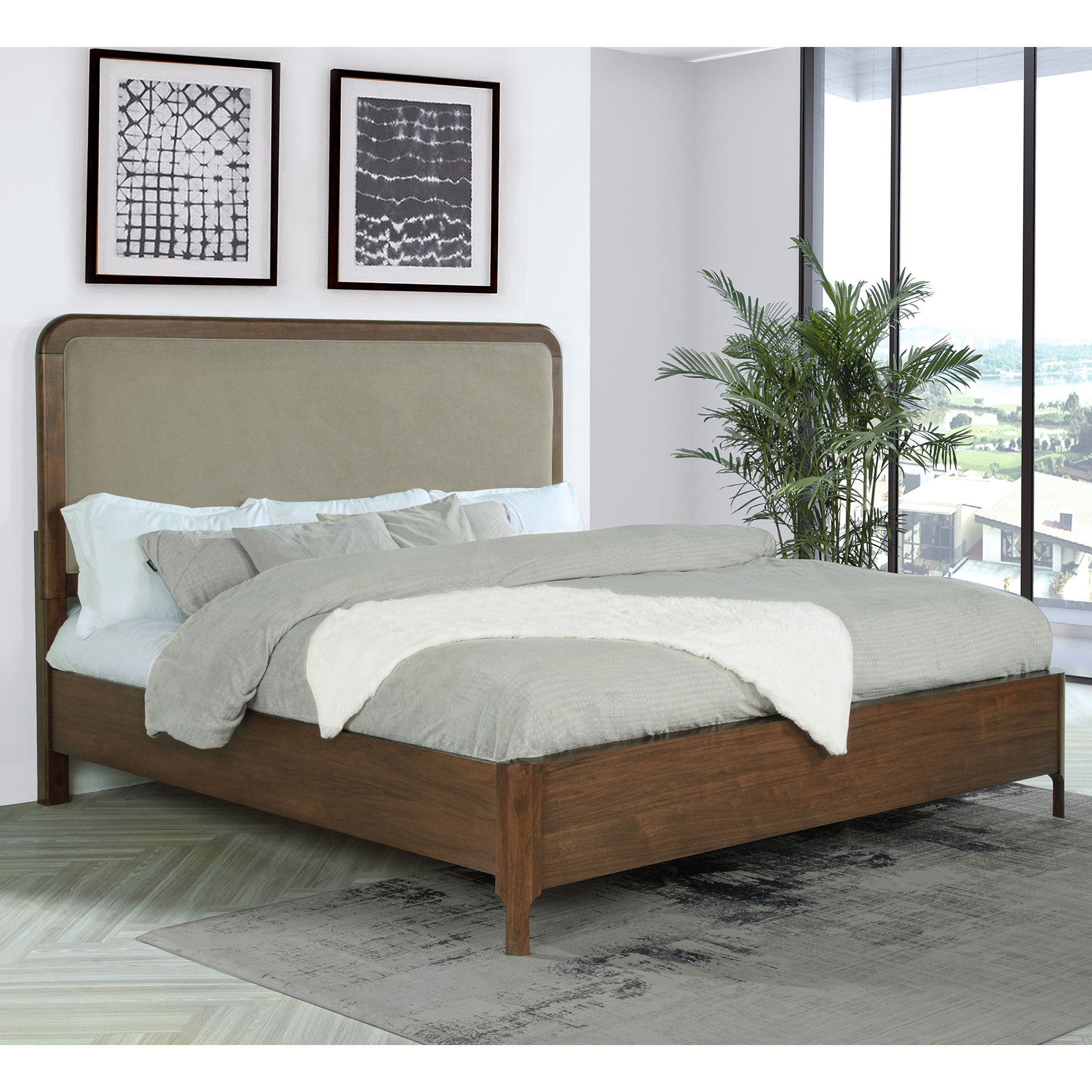 Red Barrel Studio® Upholstered Panel Bed In Walnut And Taupe | Wayfair