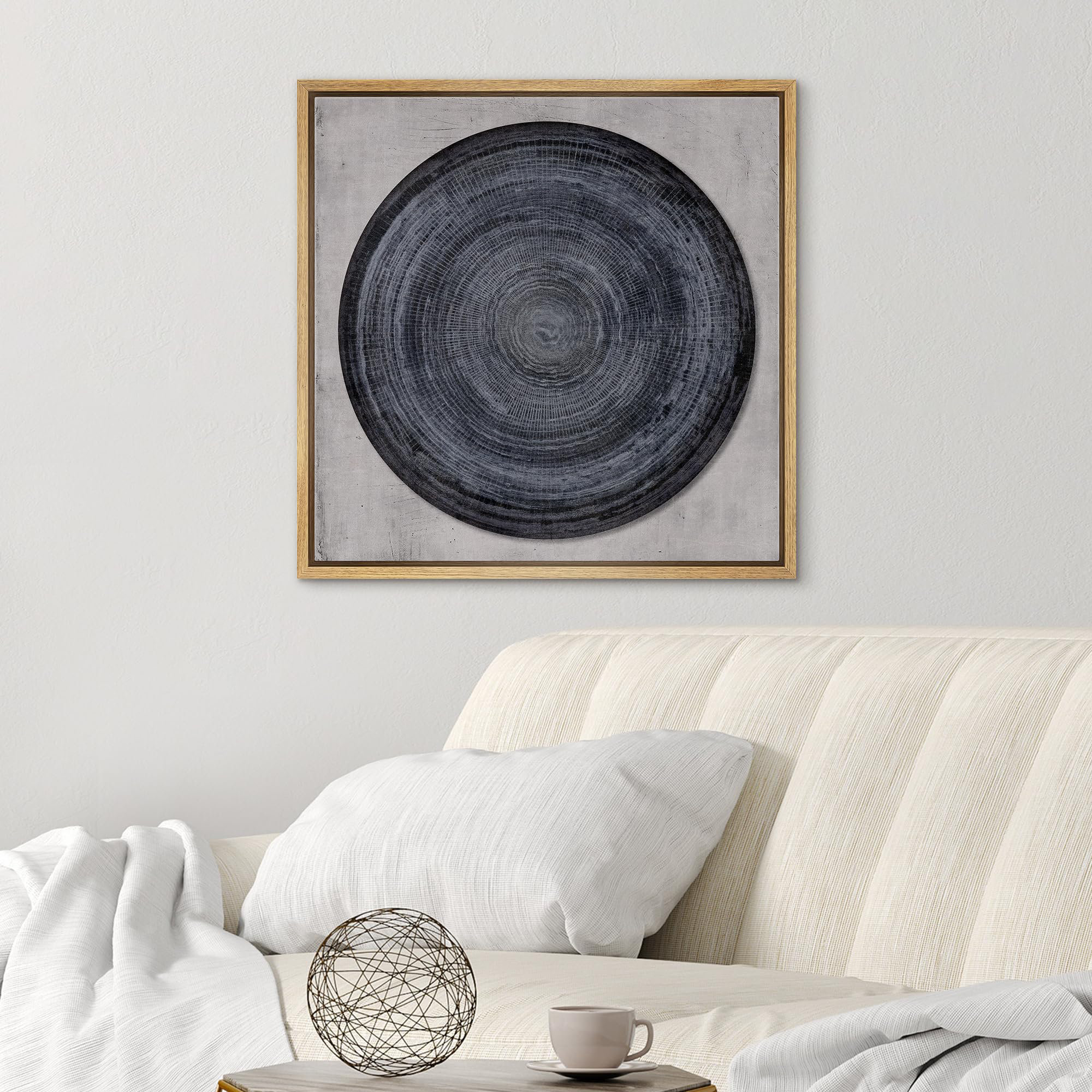 wall26 Black Geometric Circle Spiral - Floater Frame Print on Canvas ...