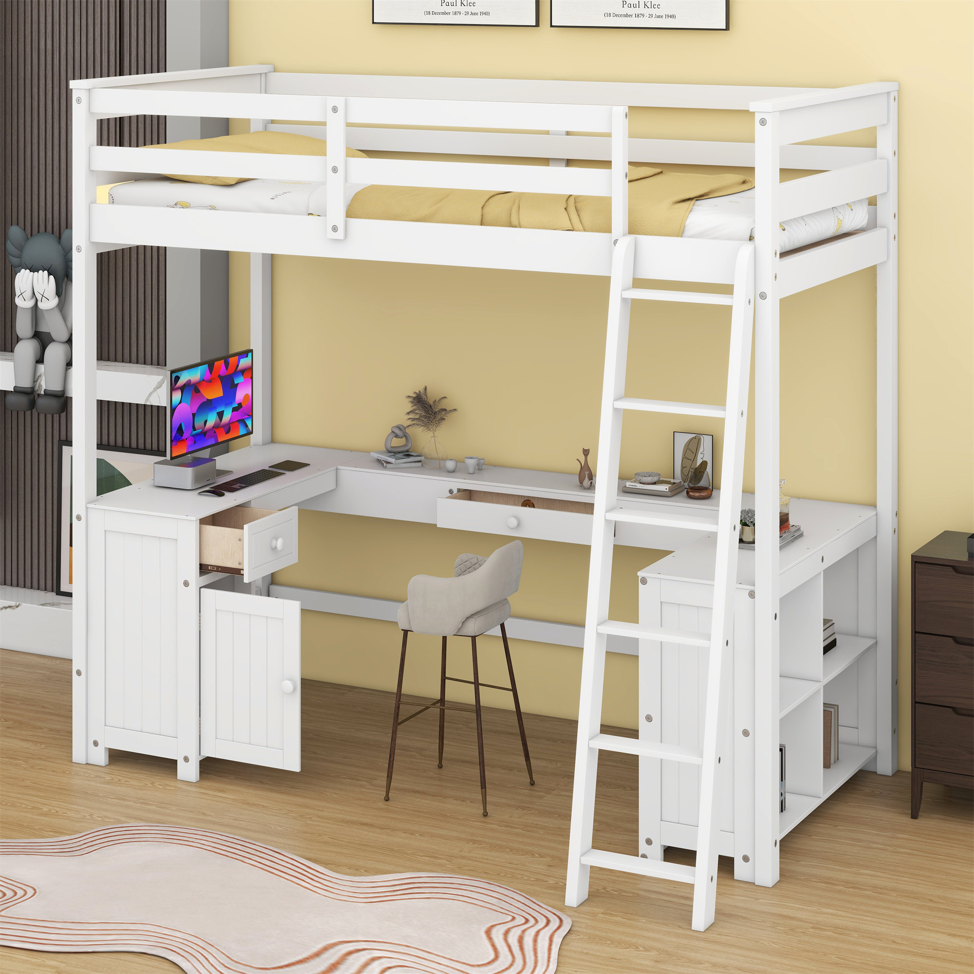 Latitude Run® Loft Bed With U-Shaped Desk, Drawers And Storage Shelves ...