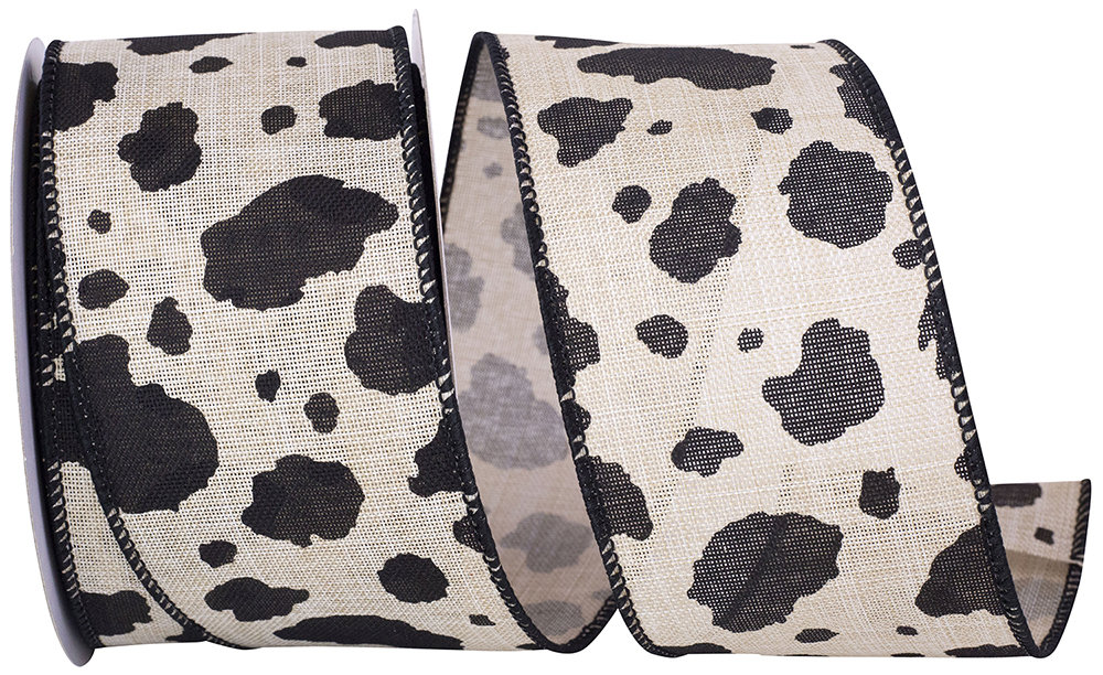 The Holiday Aisle® 2-1/2"X10Yd Natural/Black Cow Print Linen Wired Edge ...
