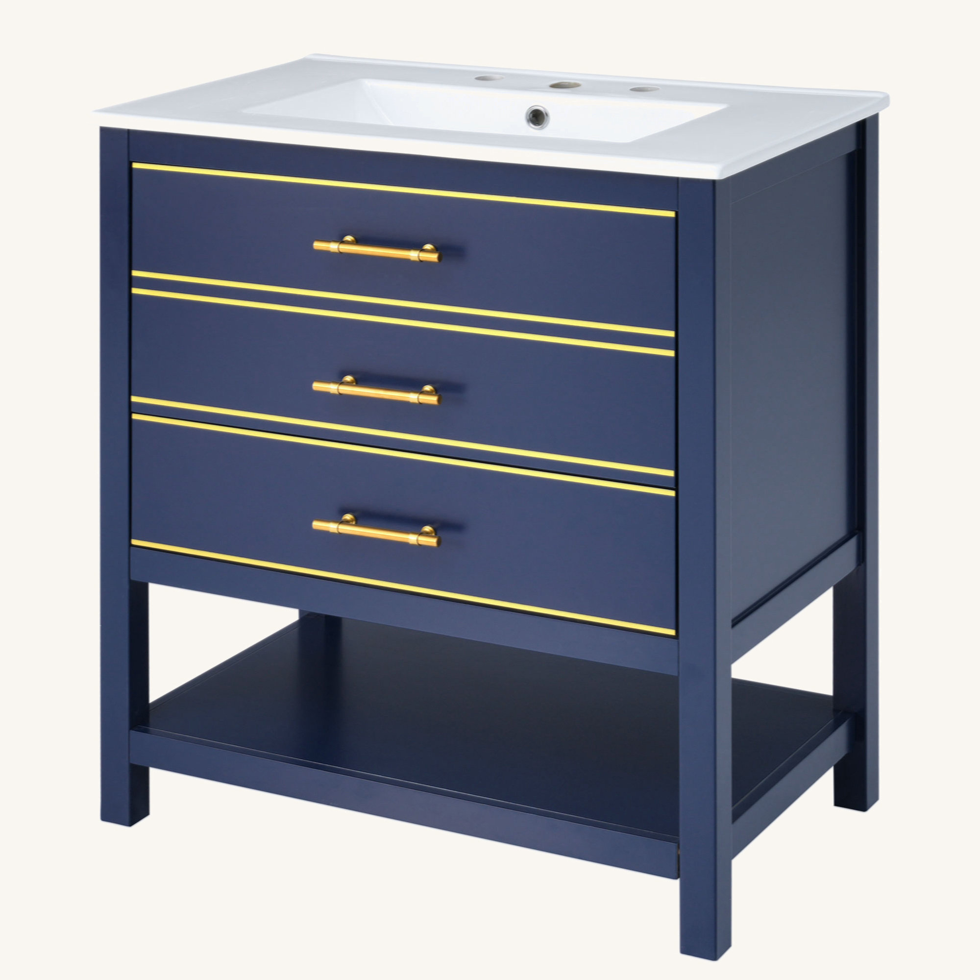 Ebern Designs Modern 30Inch Navy Blue/White Bathroom Vanity Cabinet Combo With Open Storge, Two ...