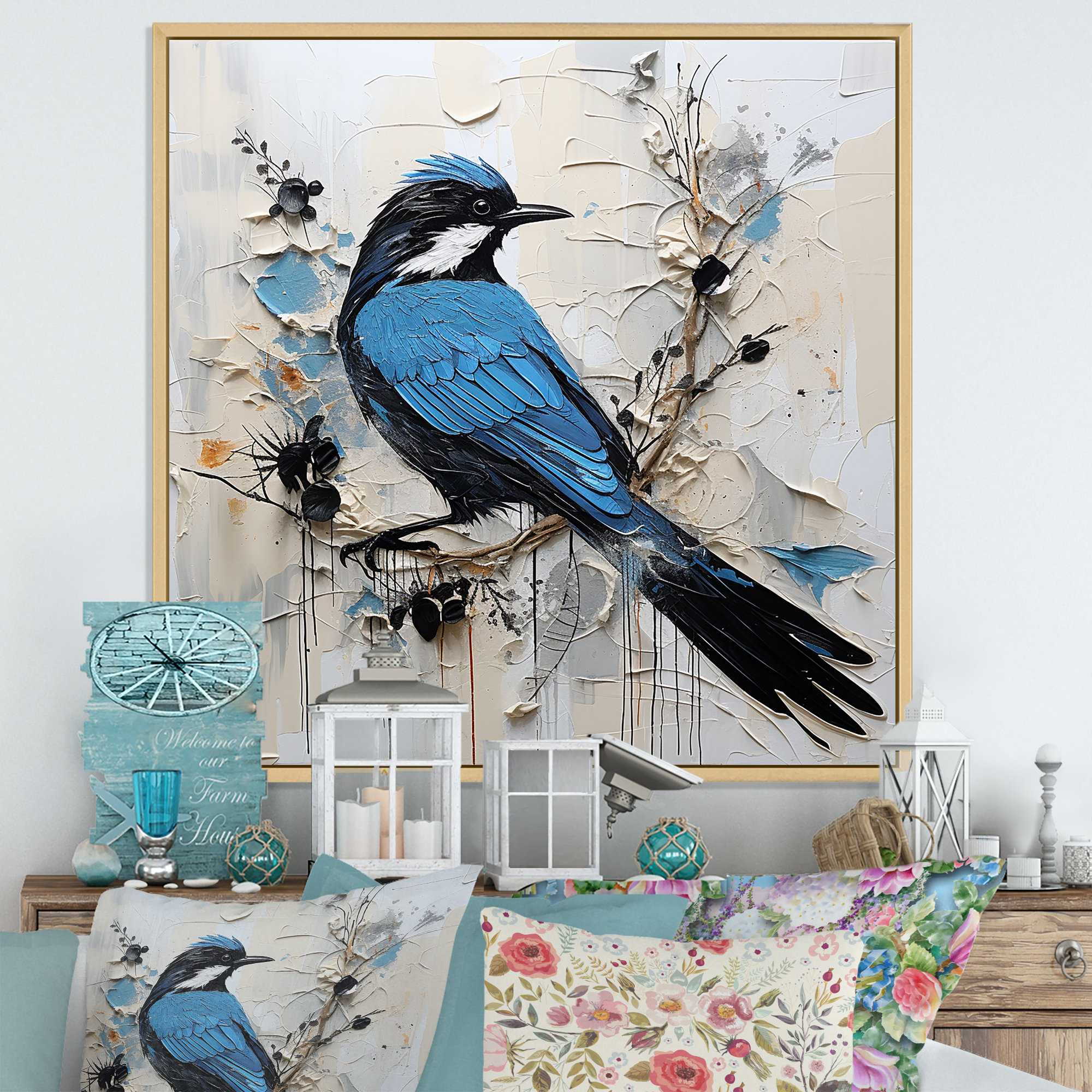 Design Art Bird Minimalism White Flowers Carnation II Framed On Canvas ...