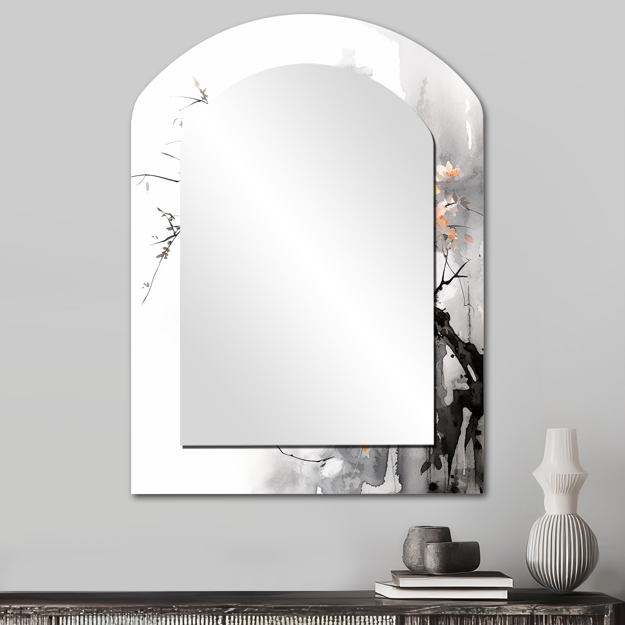 Design Art Asian Art Bat Sumi - Large Arched Wall Mirror On Metal ...