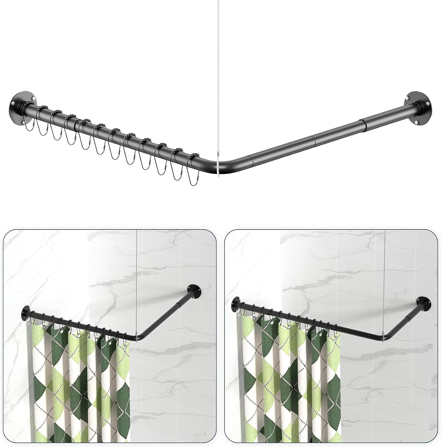 MABOSY L Shaped Shower Curtain Rod Adjustable Corner Shower Curtain Rod ...