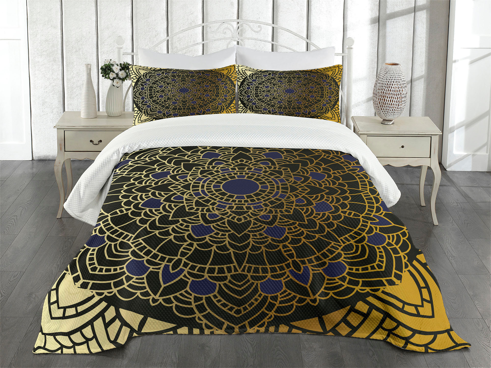 Ambesonne Mandala Bedspread Set 3 Pcs Lotus Inspired Design Queen Navy ...