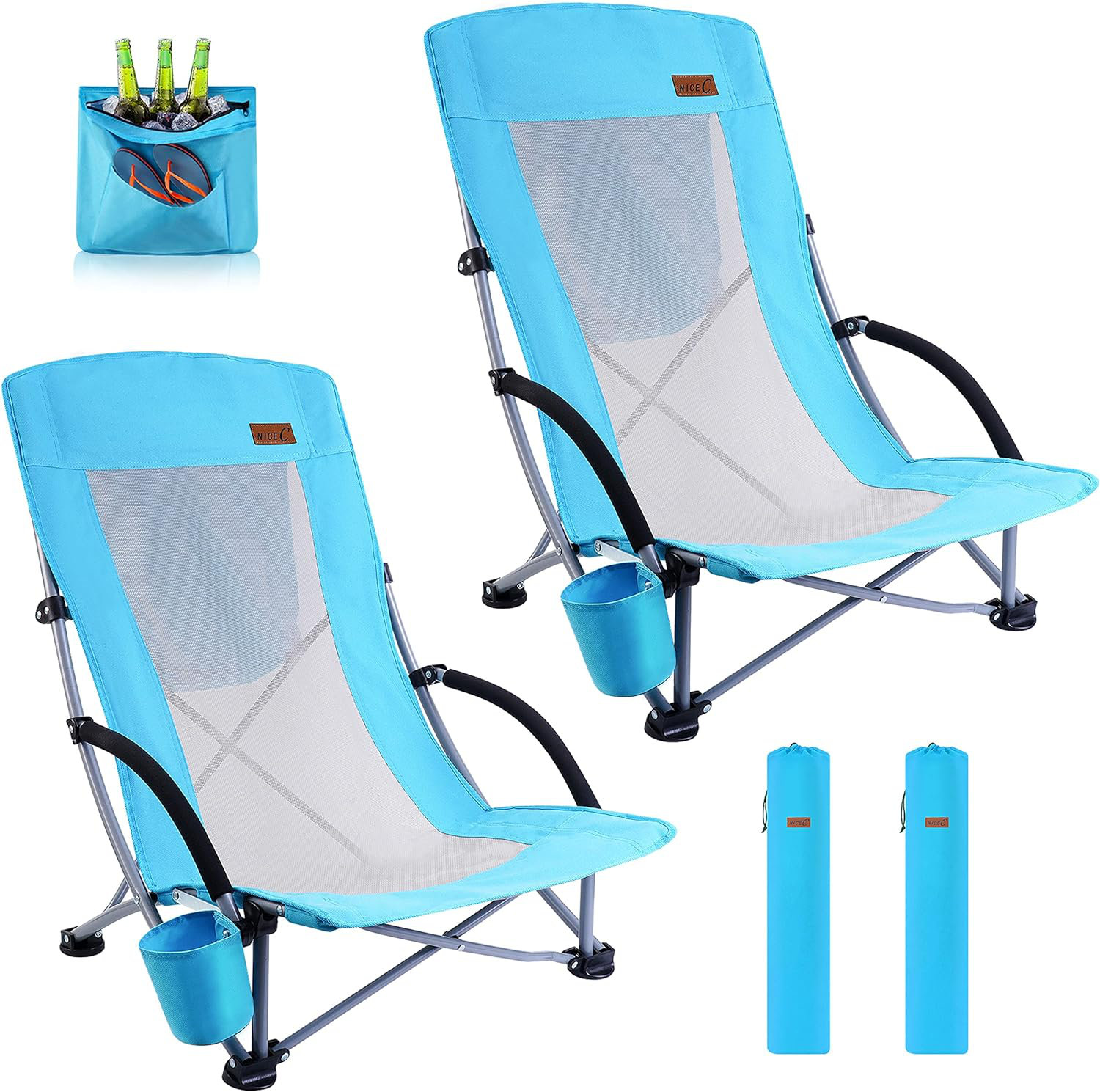ATC CABINETS Beach Chairs for Adults 2 Pack w/Cooler Compact High Back ...