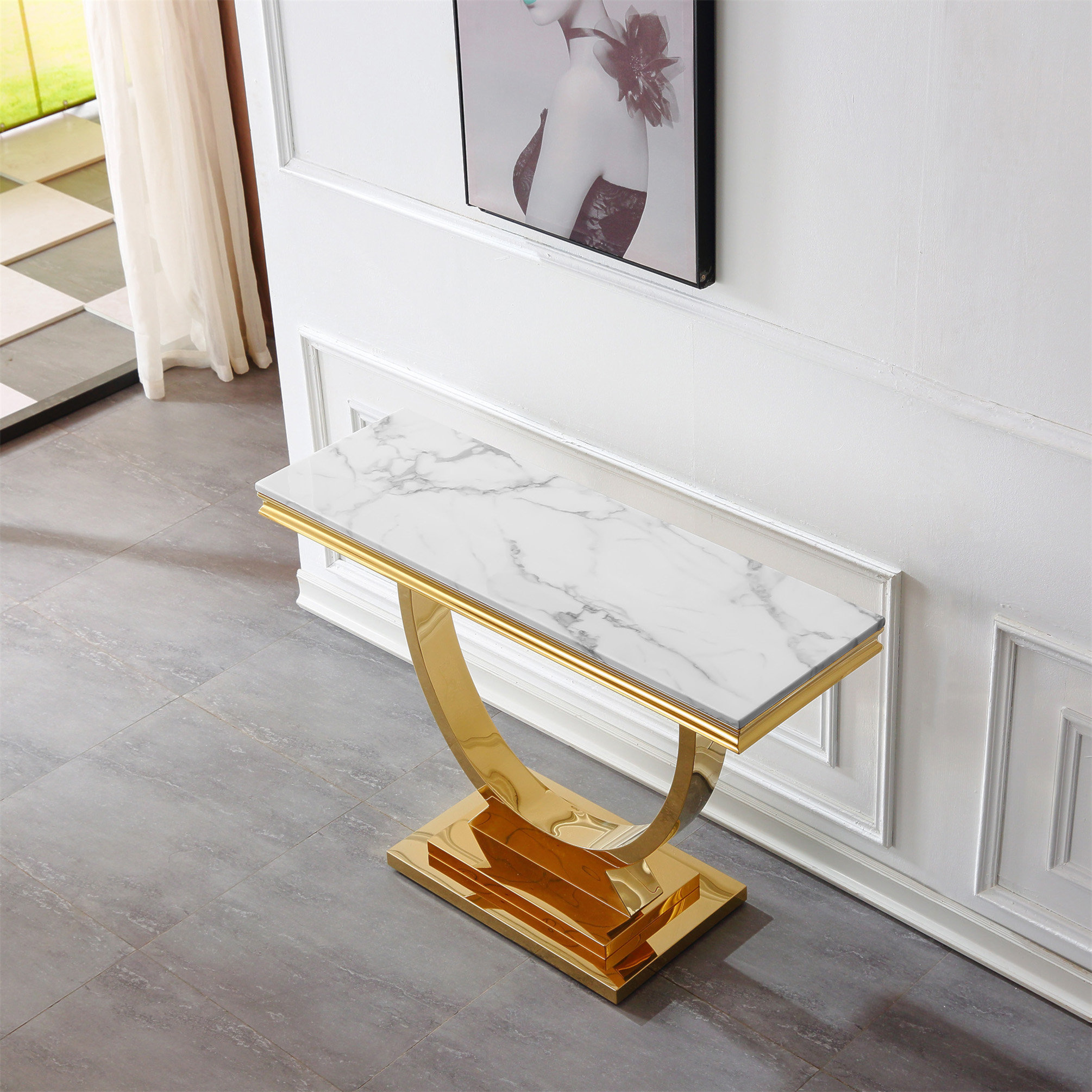 Everly Quinn Modern Rectangular White Printing Console Table, U-Shape ...
