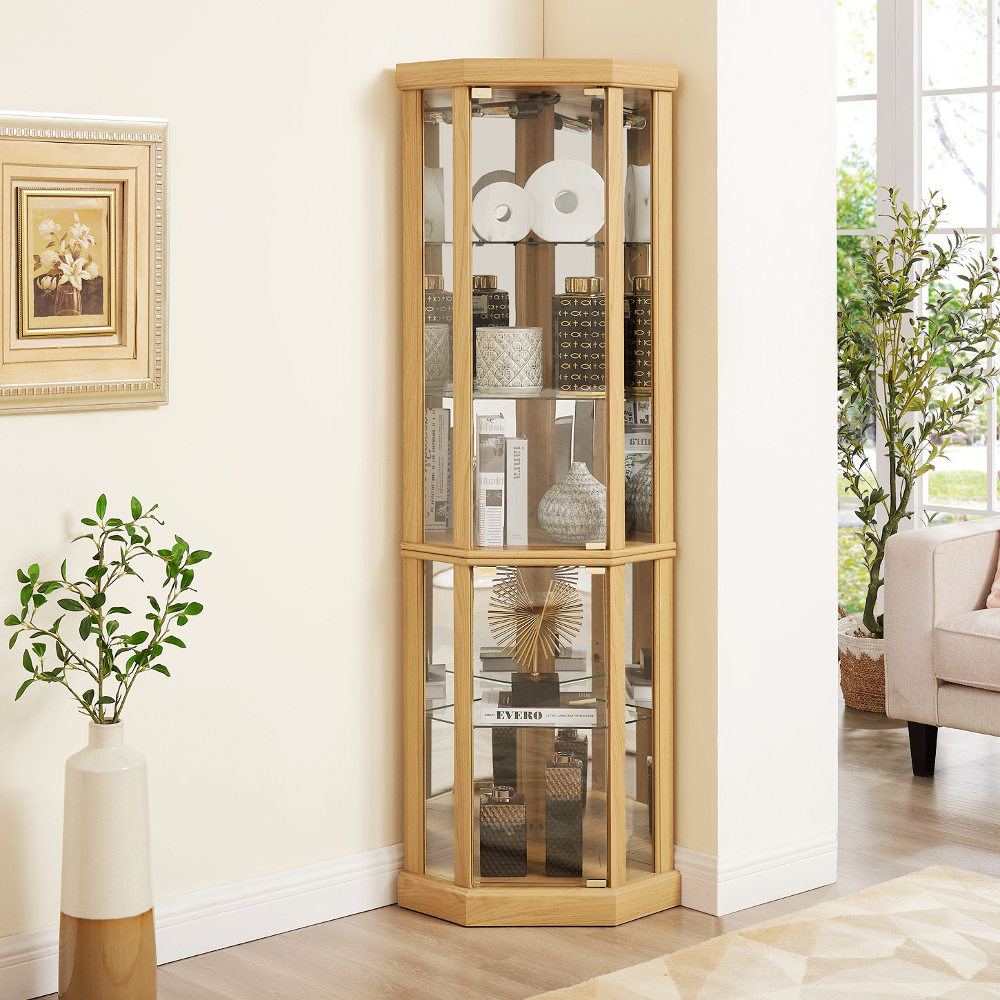 Latitude Run® Corner Lighted Curio Cabinet, Corner Glass Cabinet ...