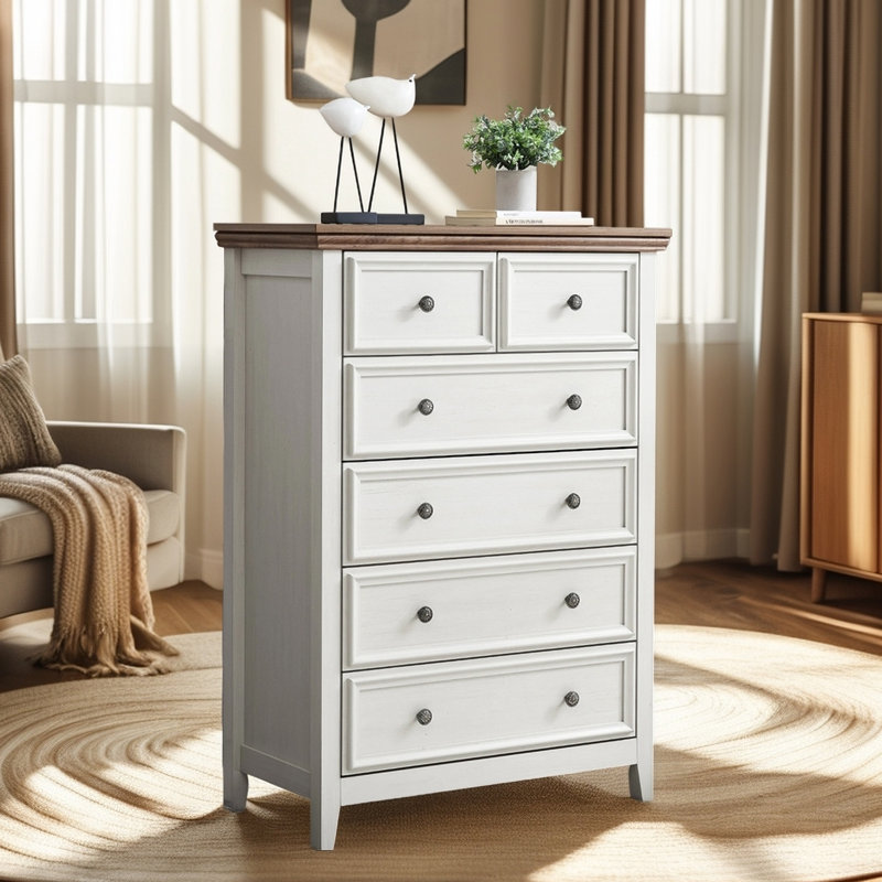 August Grove® 6 Drawer Dresser In Distressed Beige, Vintage American ...