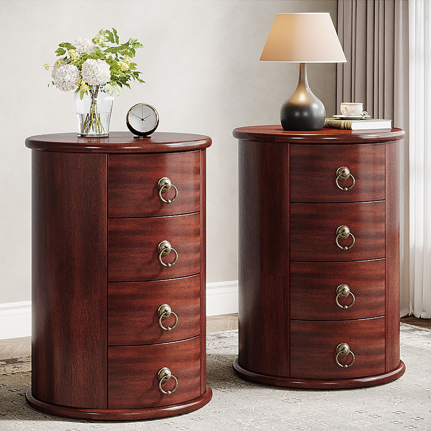 Red Barrel Studio® Solid Wood Round Nightstand With 4 Drawers Set Of 2 ...