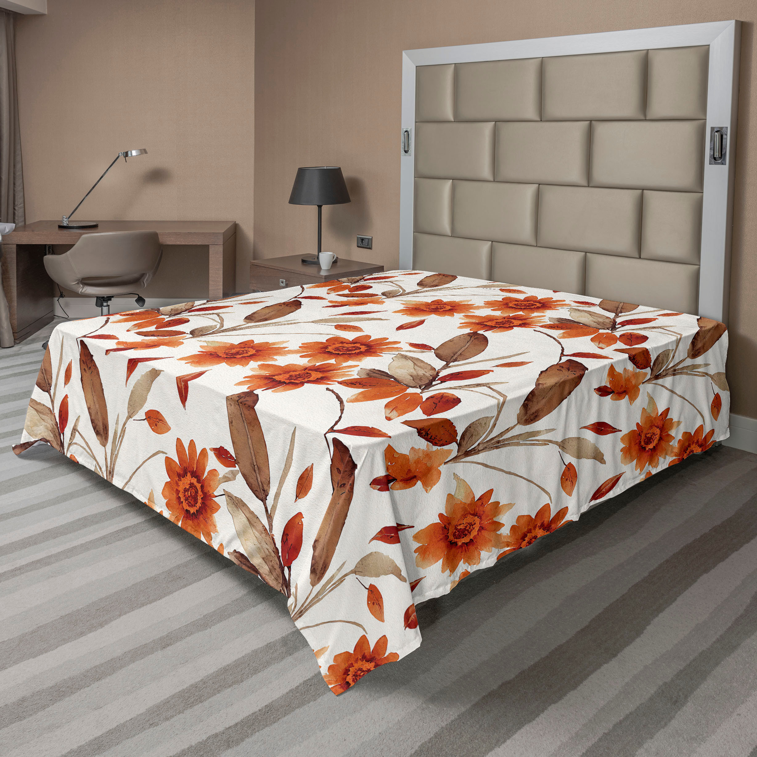 Ambesonne Floral Flat Sheet Art Autumnal Romance Flowers Burnt Orange ...