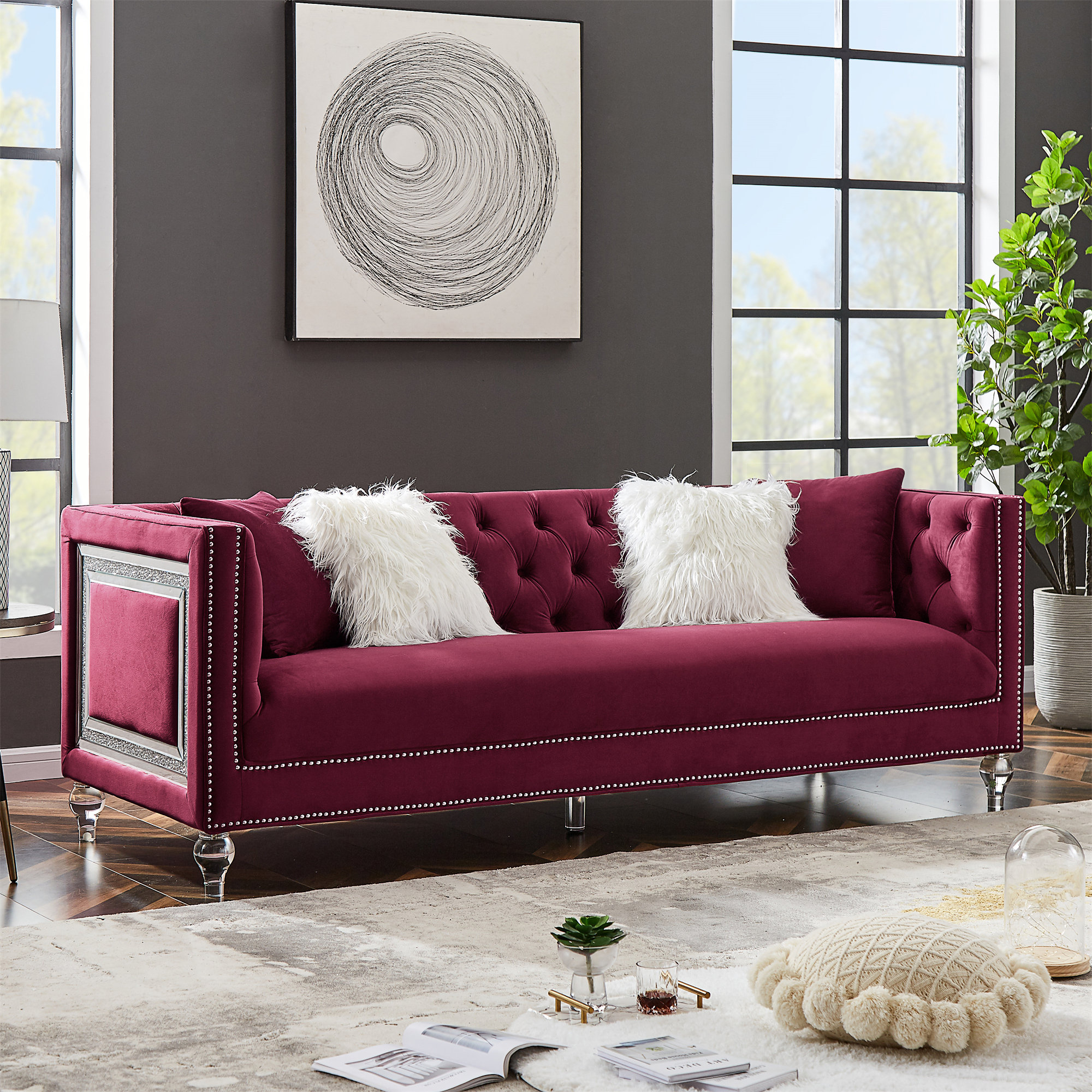 House of Hampton® Dermid 88.97"Velvet Nailhead Trim Square Arm Sofa ...