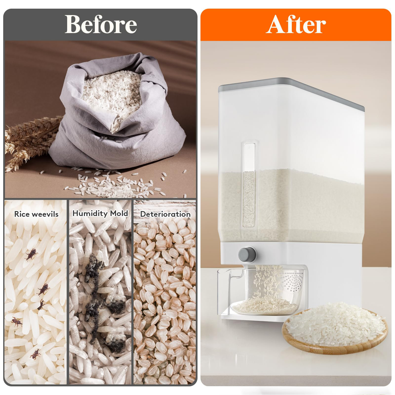 Prep & Savour Rice Dispenser 25 Lbs(11.3Kg), Rice Storage Container ...