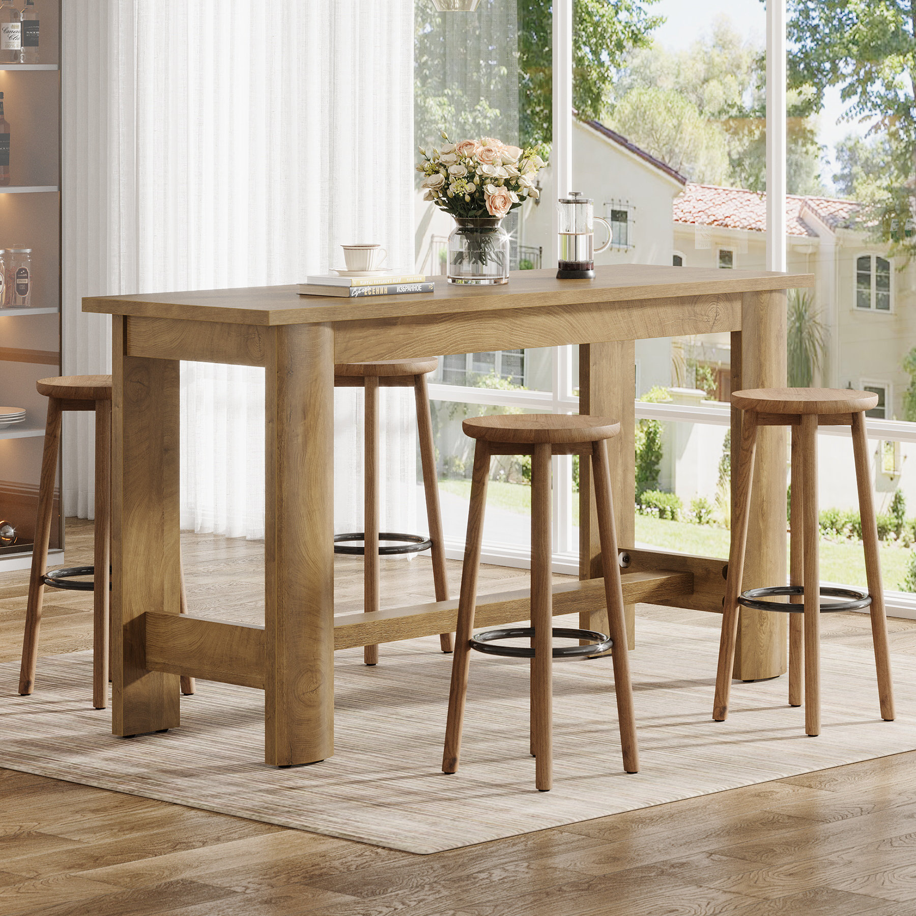 Ebern Designs 59" Bar Table With Footrest, Rectangular Counter Height ...