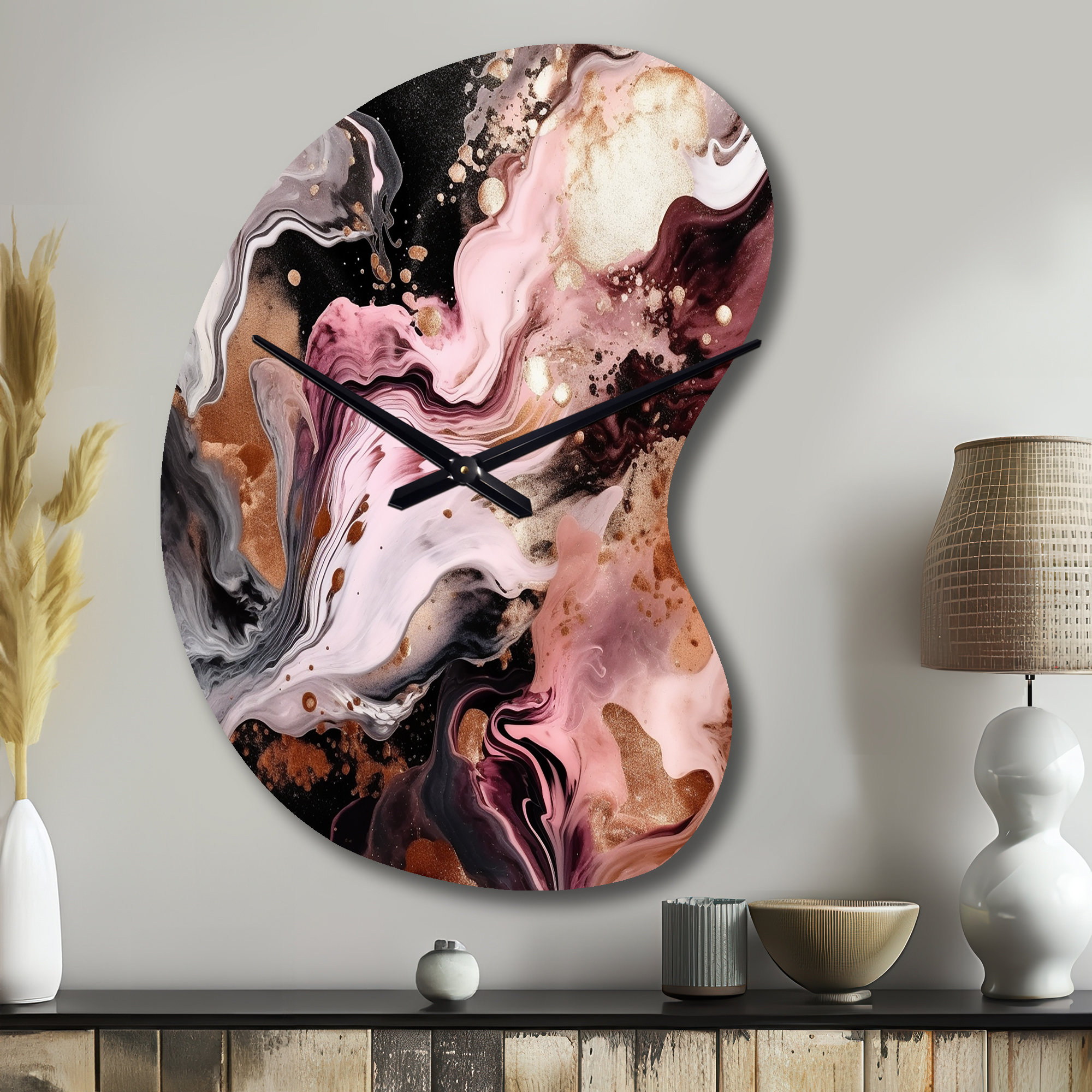 Design Art Pink Black Chromatic Agate I - Boom Shape Pink Wall Clock ...