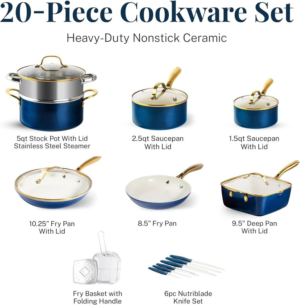 Gotham Steel Navy 20 Piece Ultra Nonstick Ceramic Cookware Set With ...