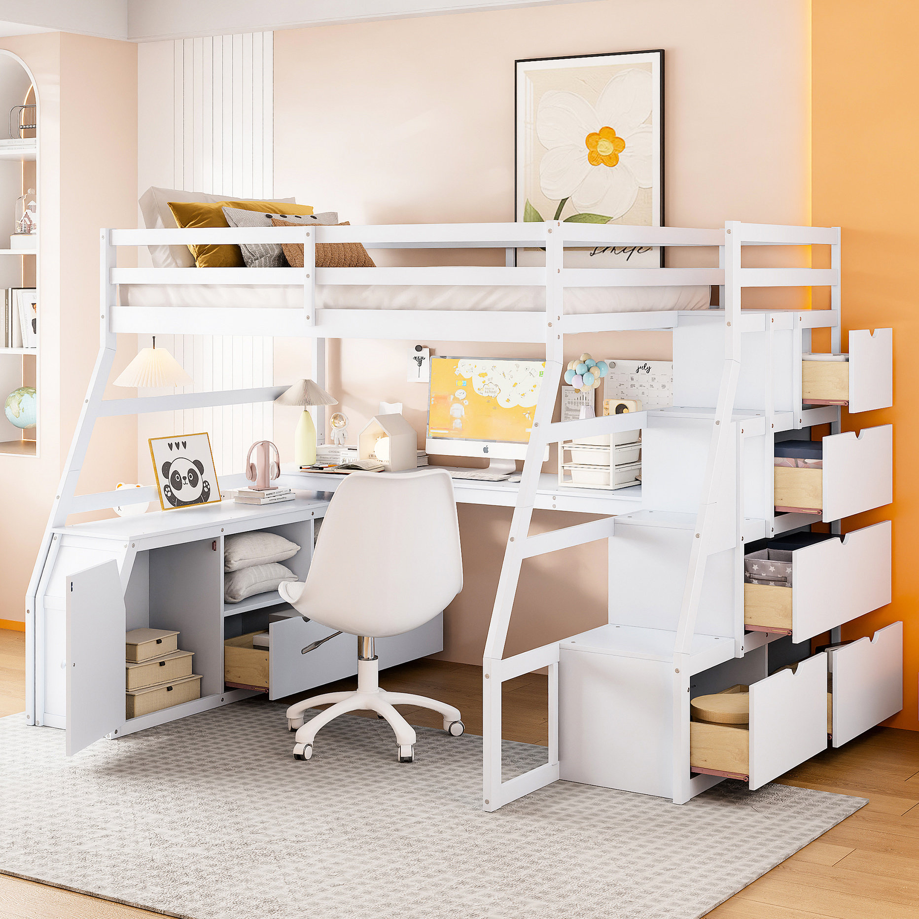 Latitude Run® White Full Size Loft Bed With 7 Drawers, 2 Shelves And ...
