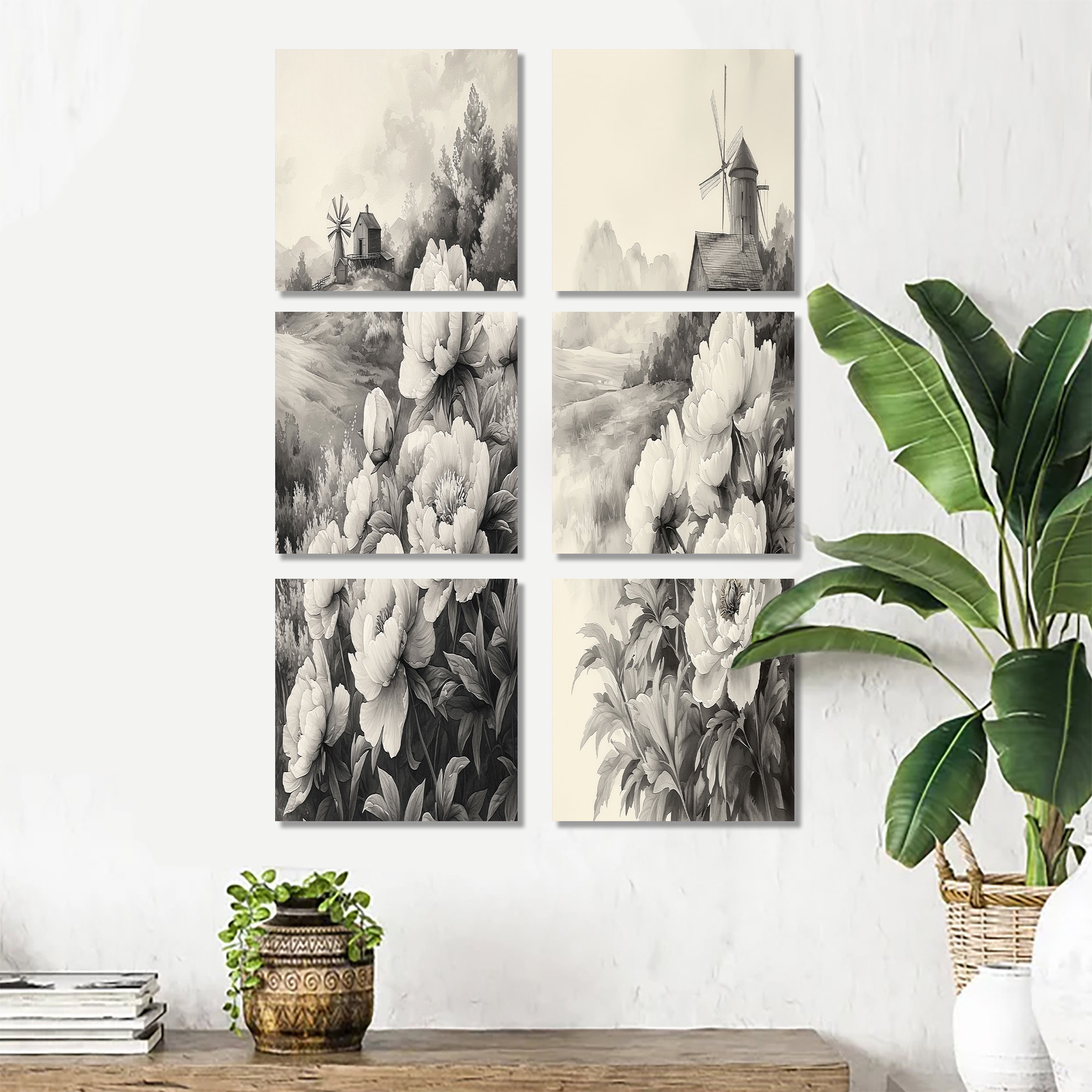 Lark Manor™ Monochrome Peonies And The Windmill - Floral Canvas Art ...