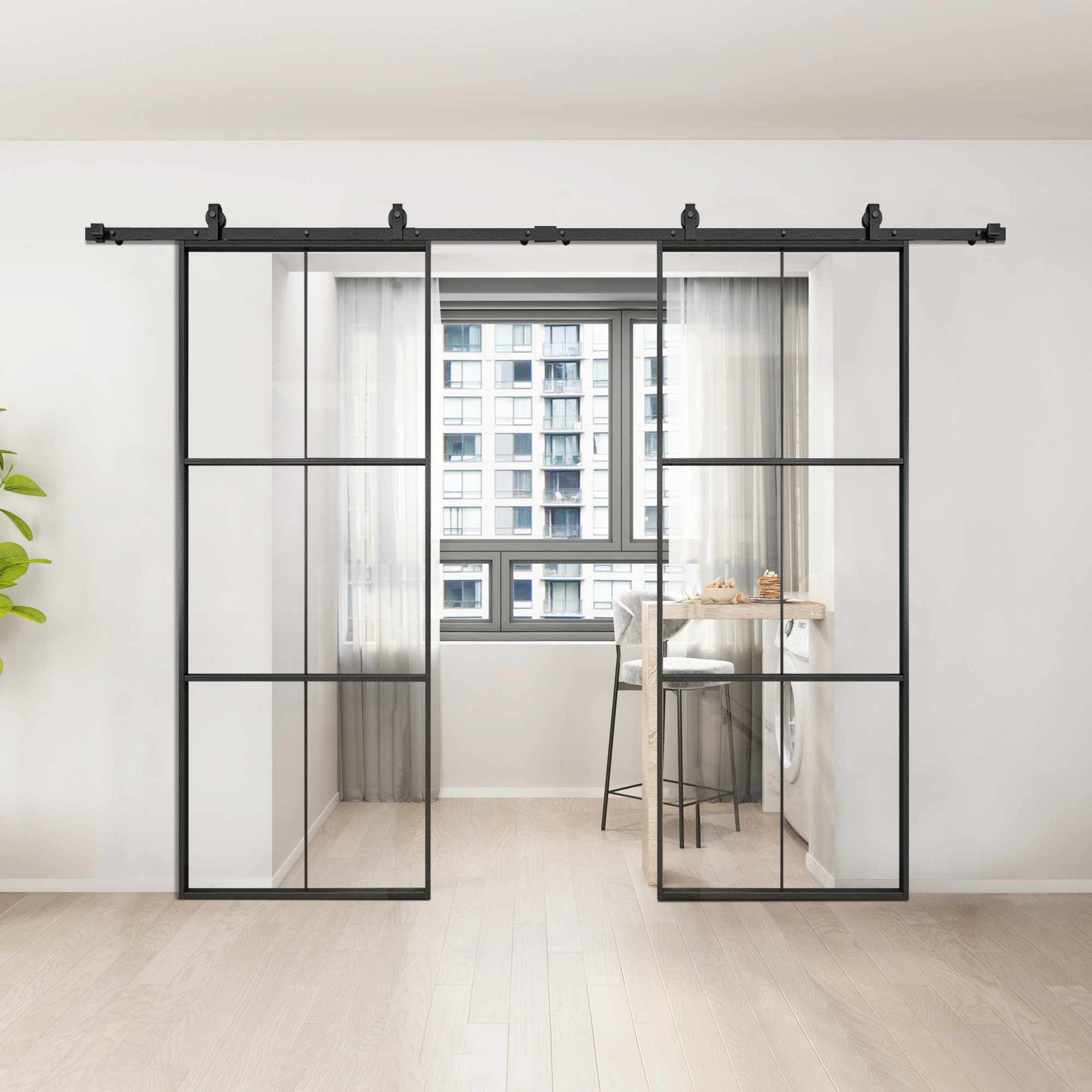 JUBEST Clear Glass Double Barn Door with Installation Hardware Kit ...
