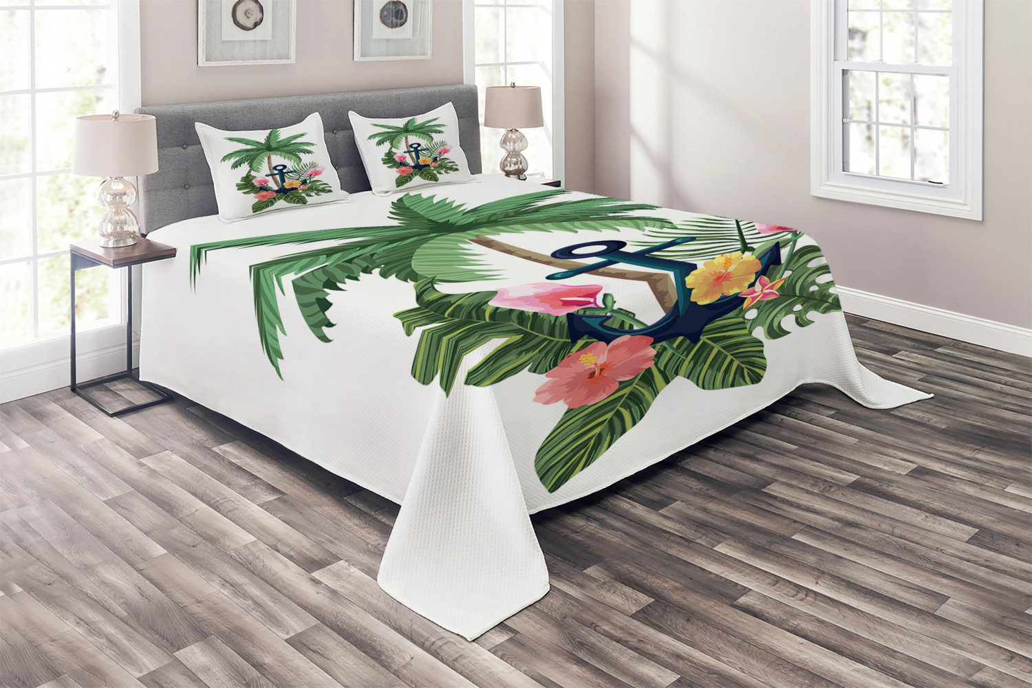 Ambesonne Tropical Palm Trees Anchor and Exotic Hibiscus Coverlet Set ...