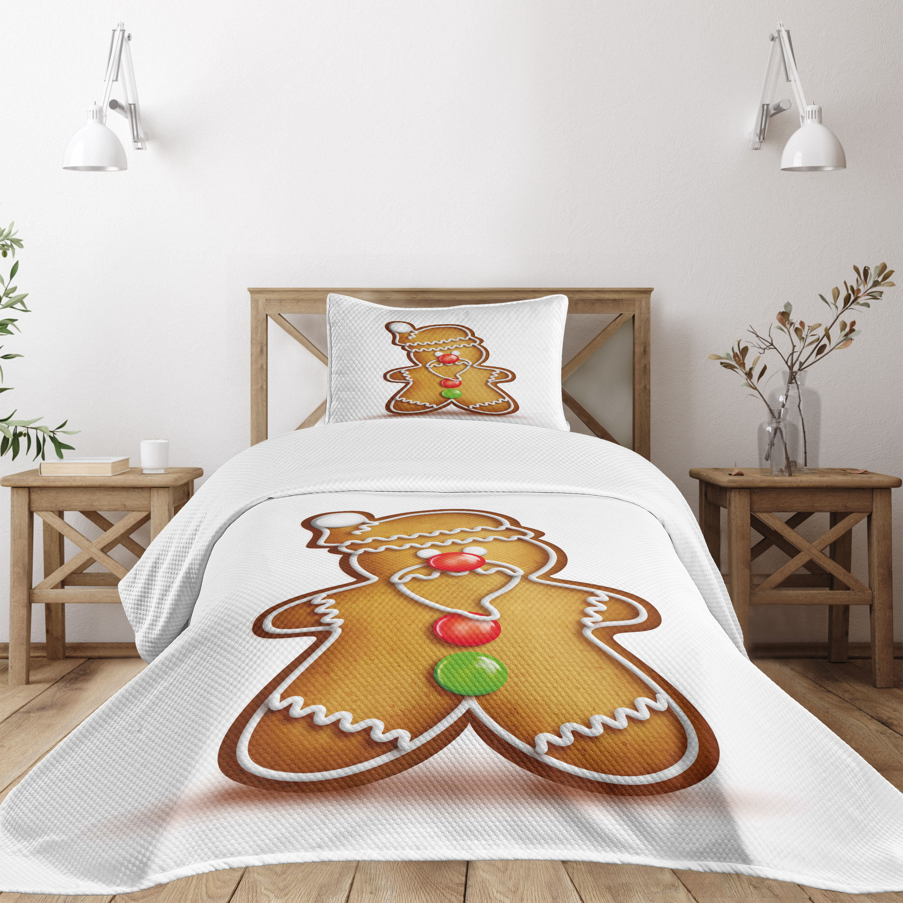 Ambesonne Gingerbread Man Bedspread Set Cartoon Santa Pale Brown Red ...