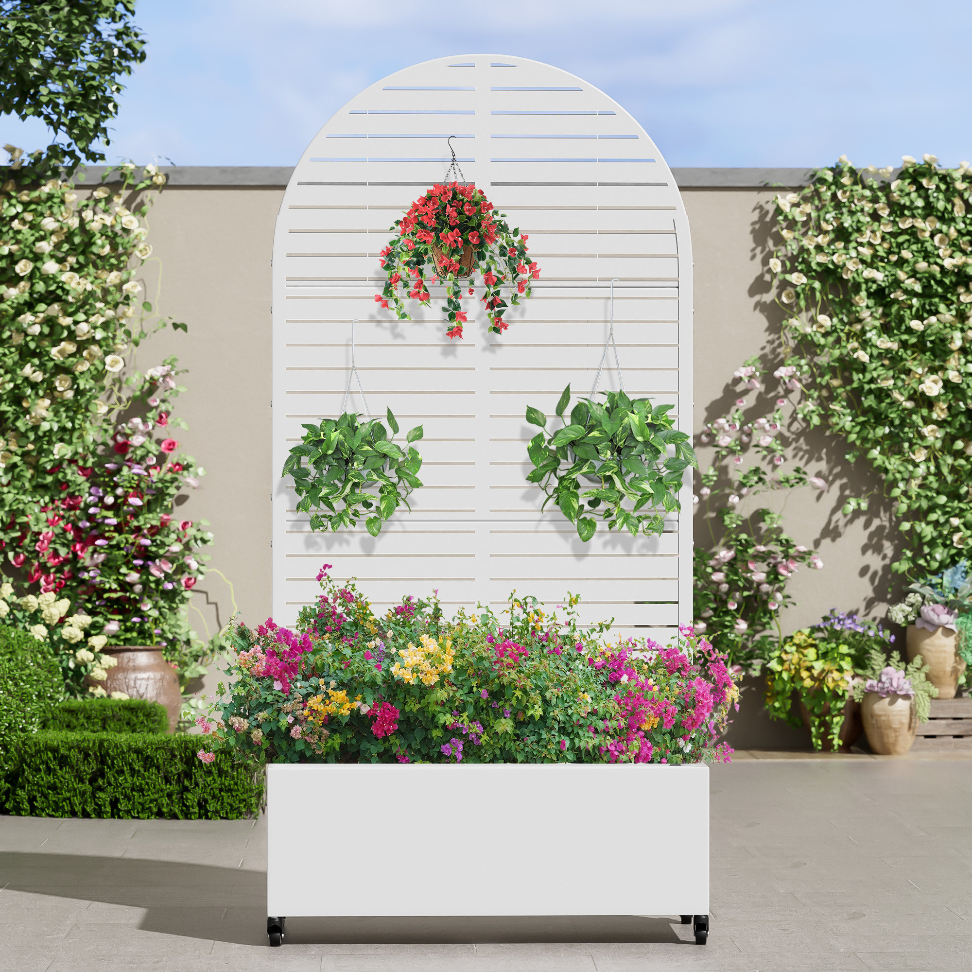 Latitude Run® Metal Planter Box privacy screen Garden Bed with Trellis ...