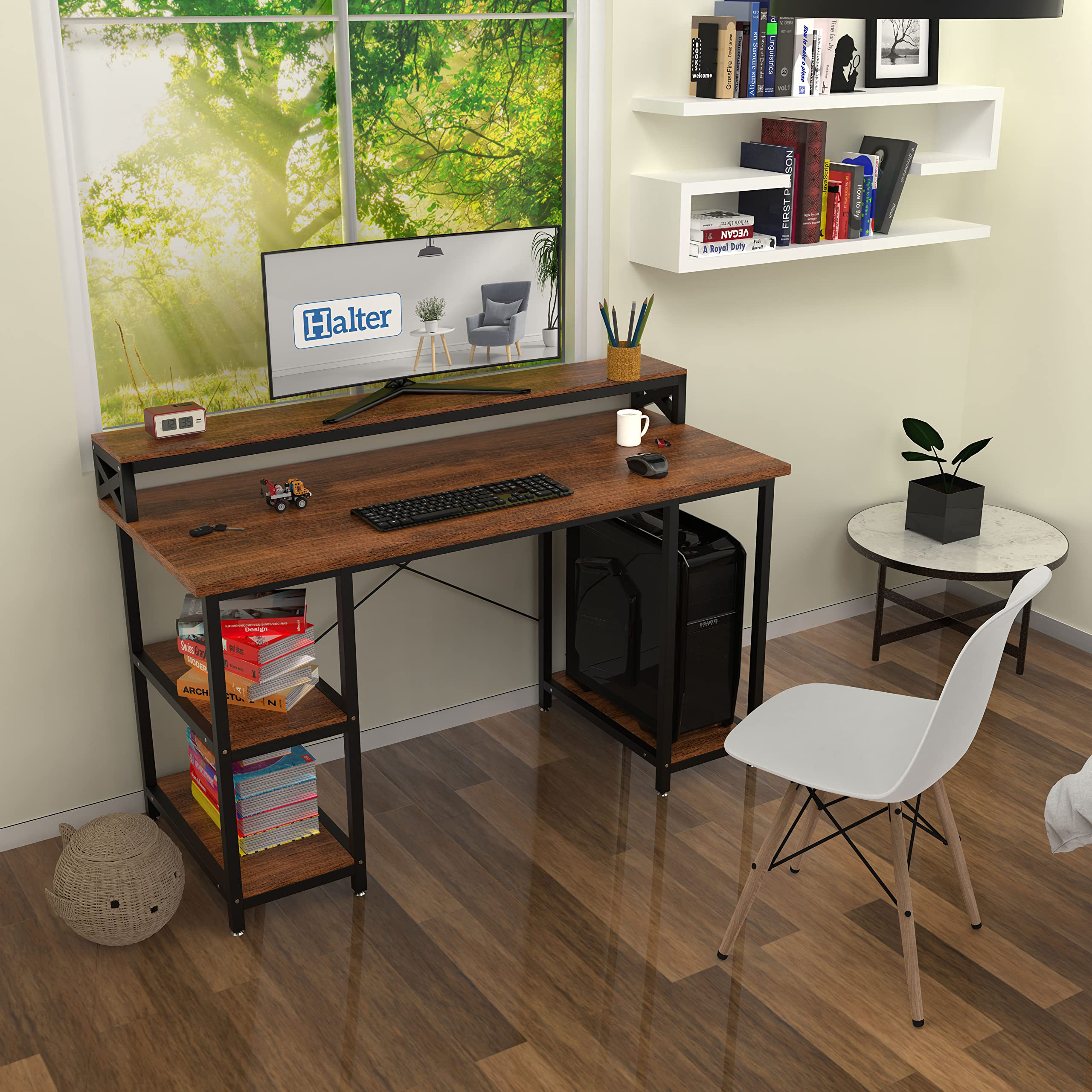 17 Stories Wood Computer Desk With Shelves, 55 Inch Industrial Gaming ...