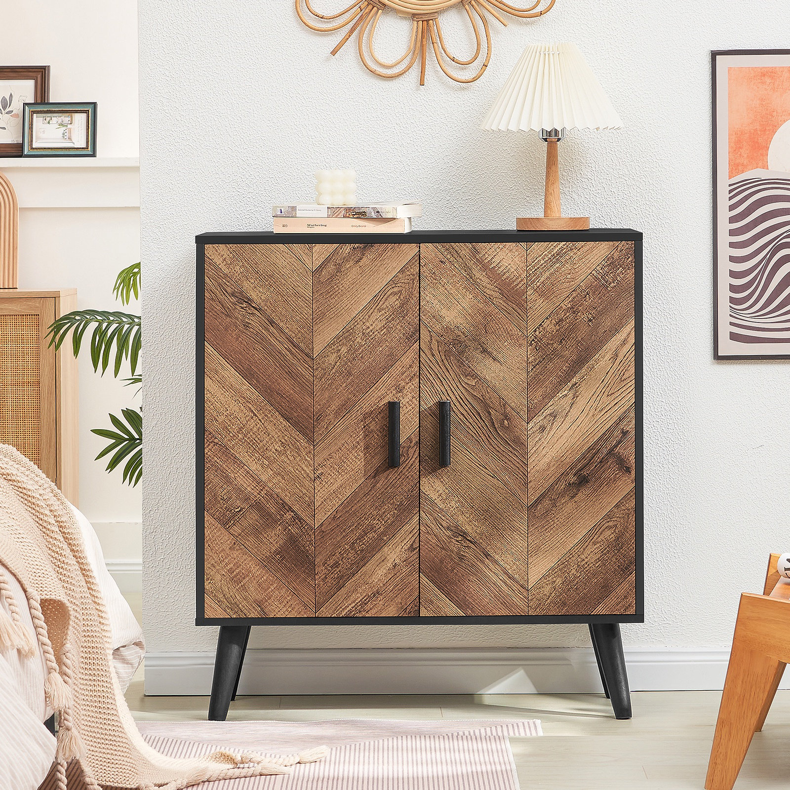 George Oliver Eilonwy Boho Storage Cabinet with Natural Rattan Door ...