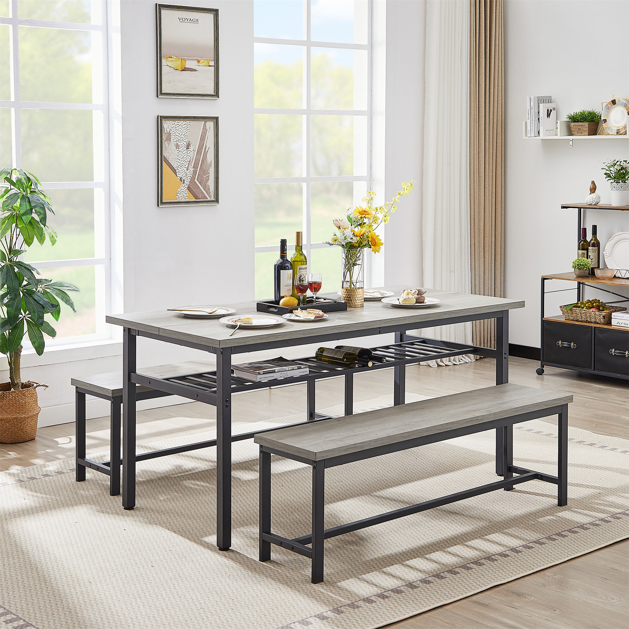 Audiohome Oversized 3-Piece Kitchen Table With 2 Benches, Dining Room ...