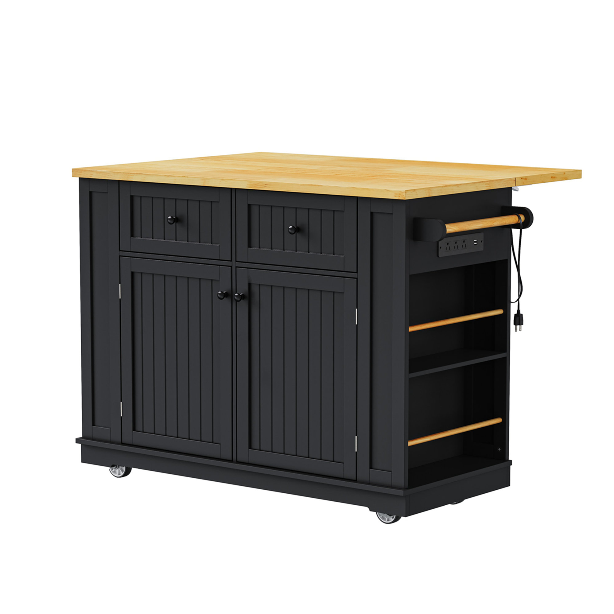 Ophelia & Co. 48 Inch Large Kitchen Island With Drop Leaf, Rolling Kitchen Storage Cart On 5 ...