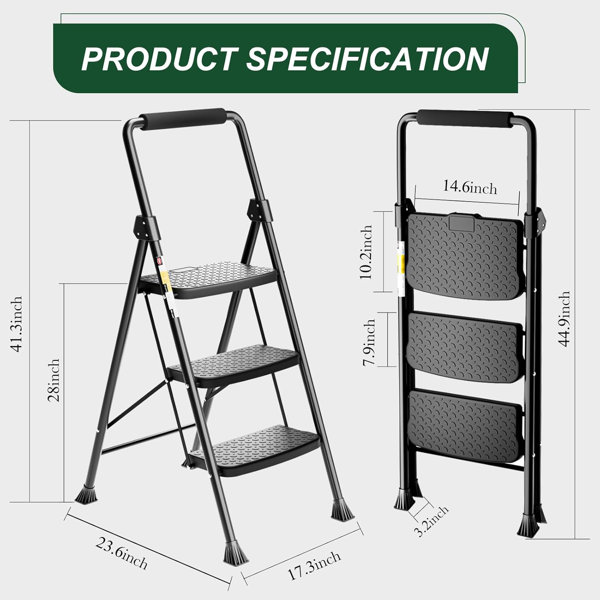 Hokku Designs 3 Step Ladders, Folding Step Stool With Wide Anti-Slip ...