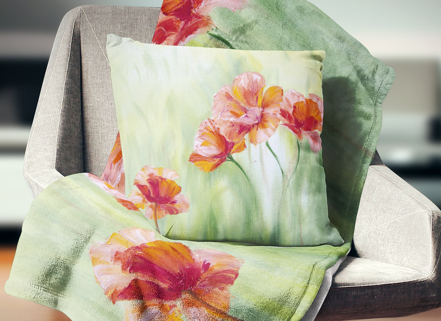 Design Art Poppies in Light Green - Floral Printed Throw Pillow | Wayfair