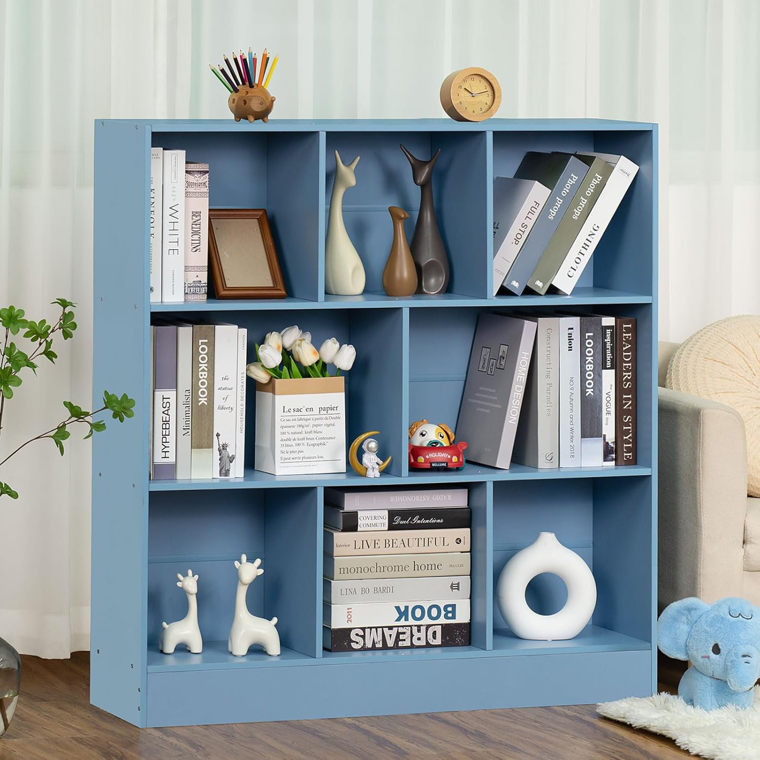 Ebern Designs 3 Tier Bookshelf,Wide Kids Horizontal Bookcase,8 Cube ...