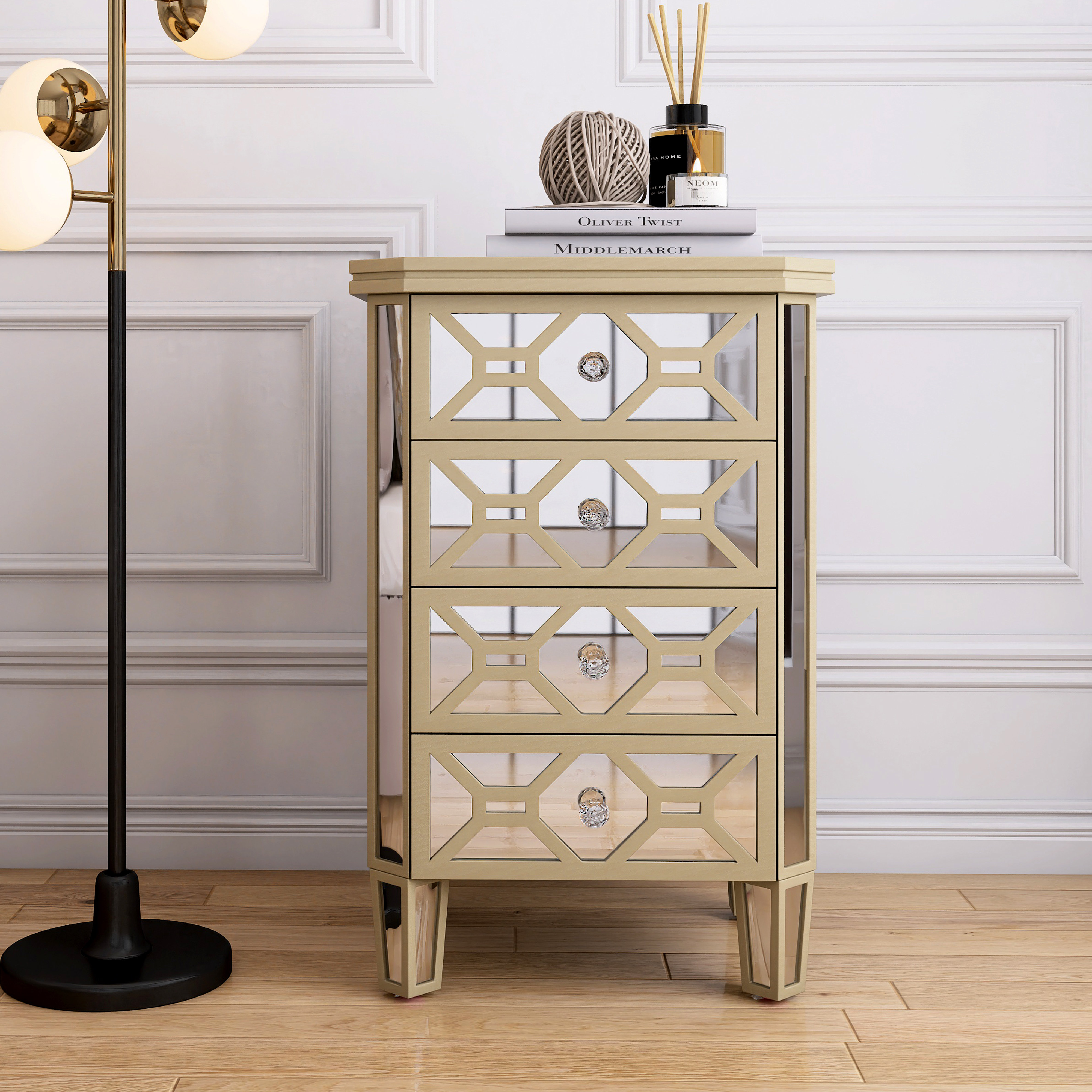 House of Hampton® Mirrored 4-Drawer Chest with Golden Lines Storage ...
