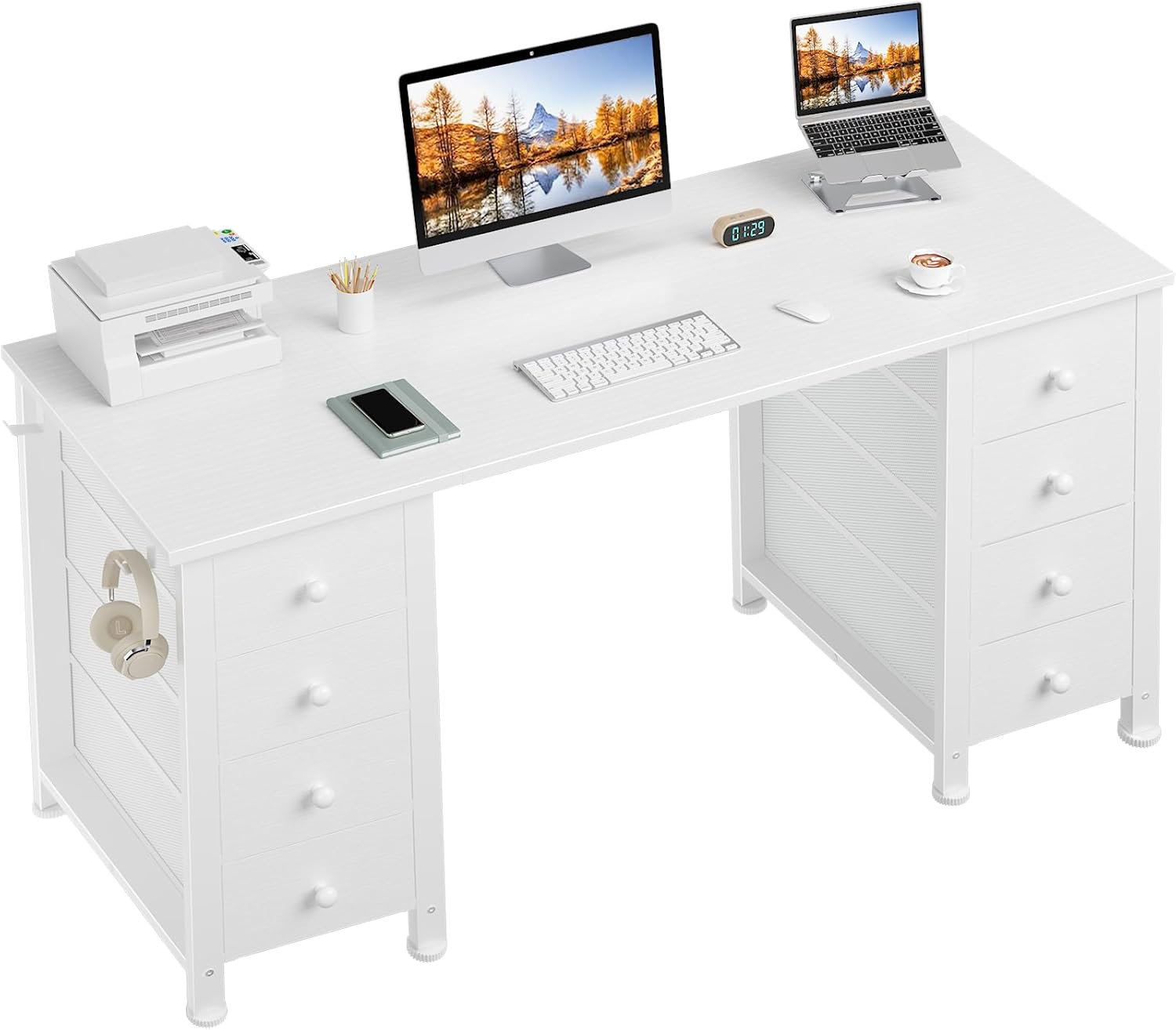 Hokku Designs White Computer Desk With Fabric Drawers For Storage, 55 ...
